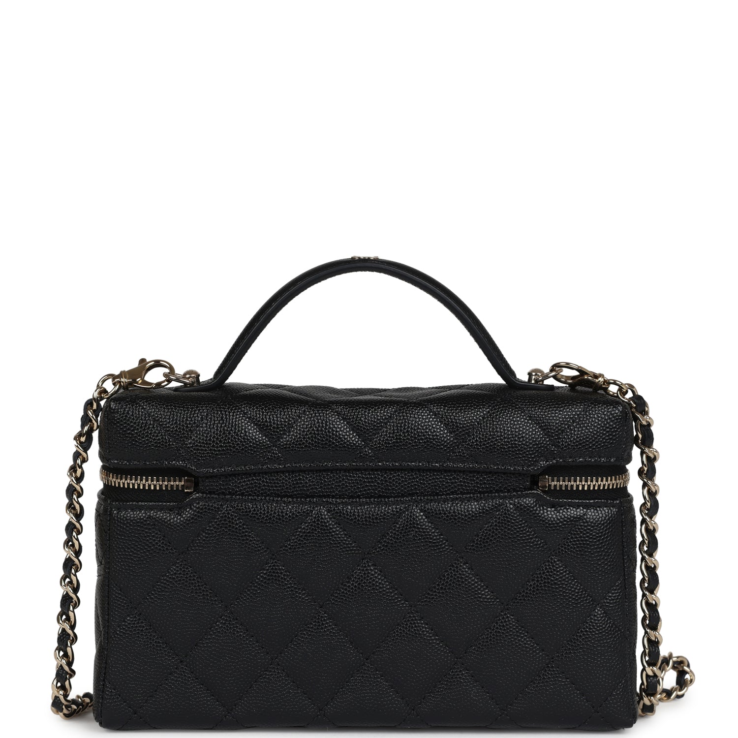 Chanel CC Top Handle Long Vanity Case With Chain Black Caviar Light Go