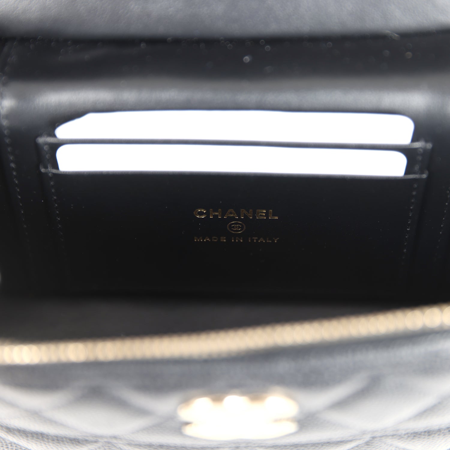 Chanel CC Top Handle Long Vanity Case With Chain Black Caviar Light Go