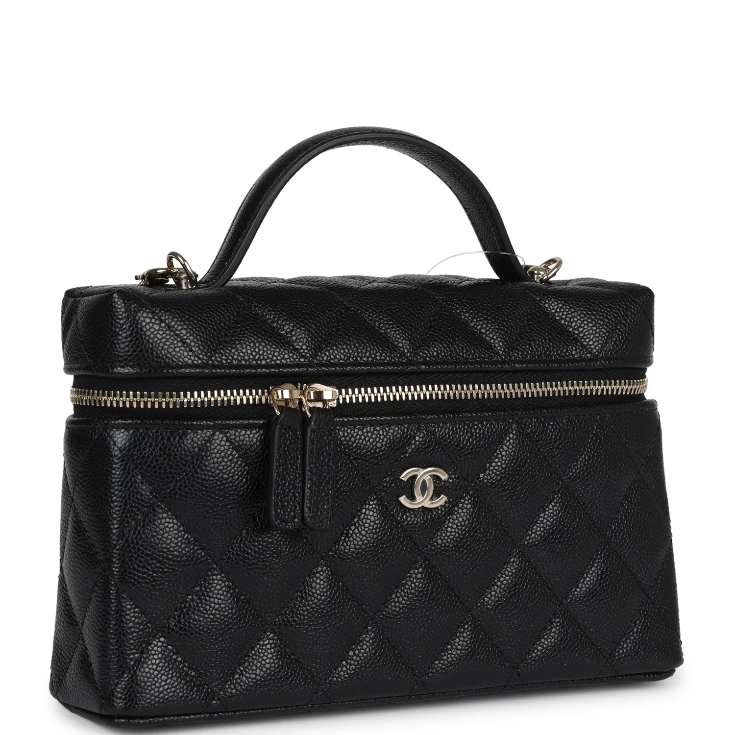 Chanel CC Top Handle Long Vanity Case With Chain Black Shiny Caviar Li