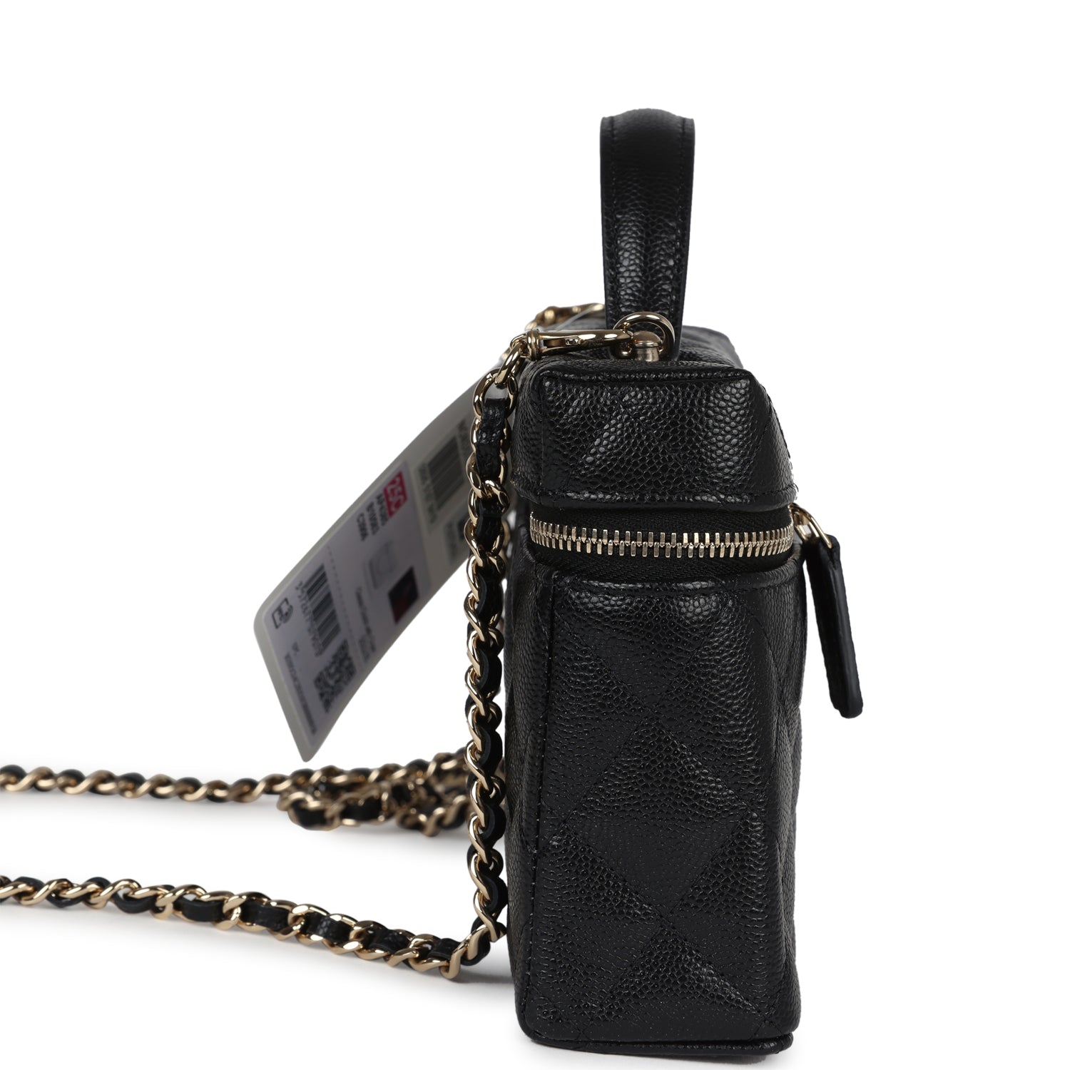 Chanel CC Top Handle Long Vanity Case With Chain Black Shiny Caviar Li