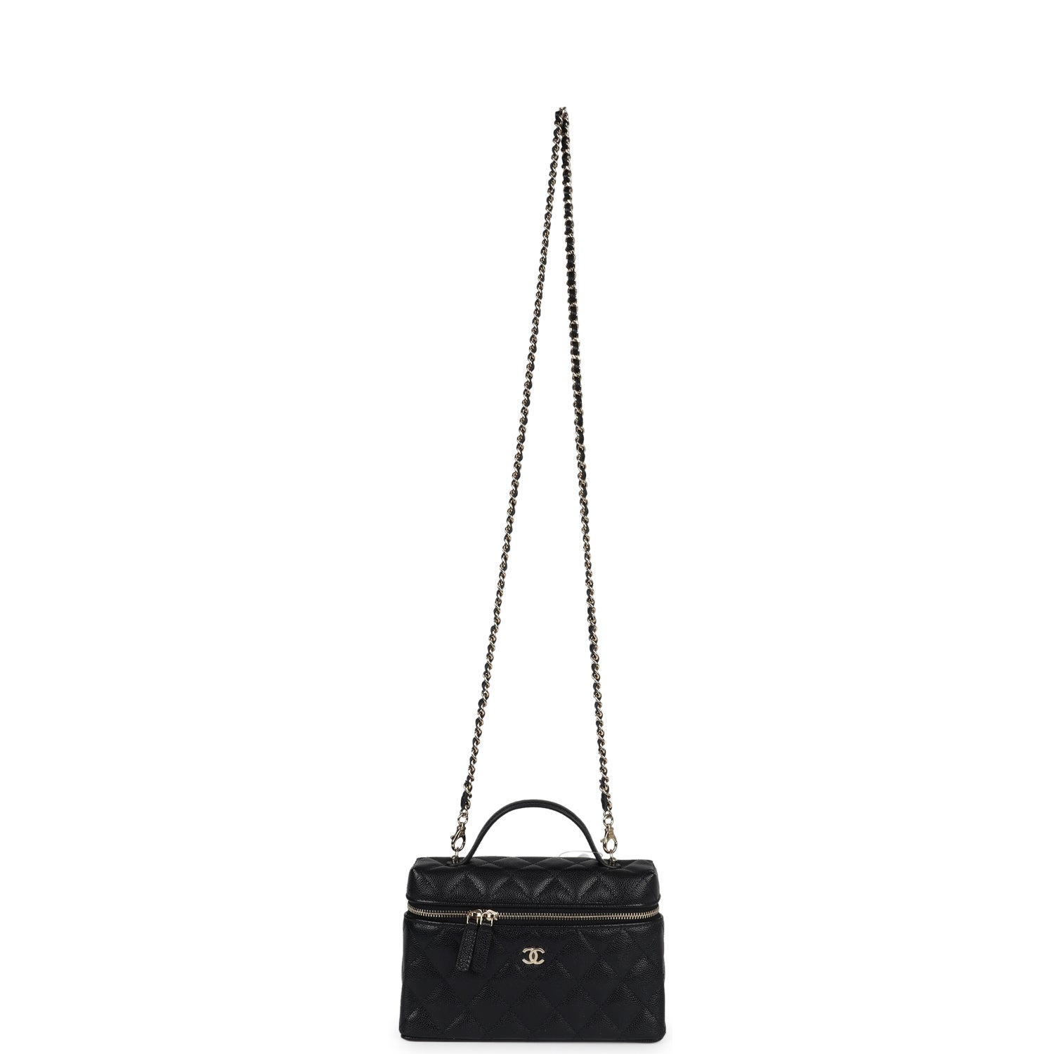 Chanel CC Top Handle Long Vanity Case With Chain Black Shiny Caviar Li