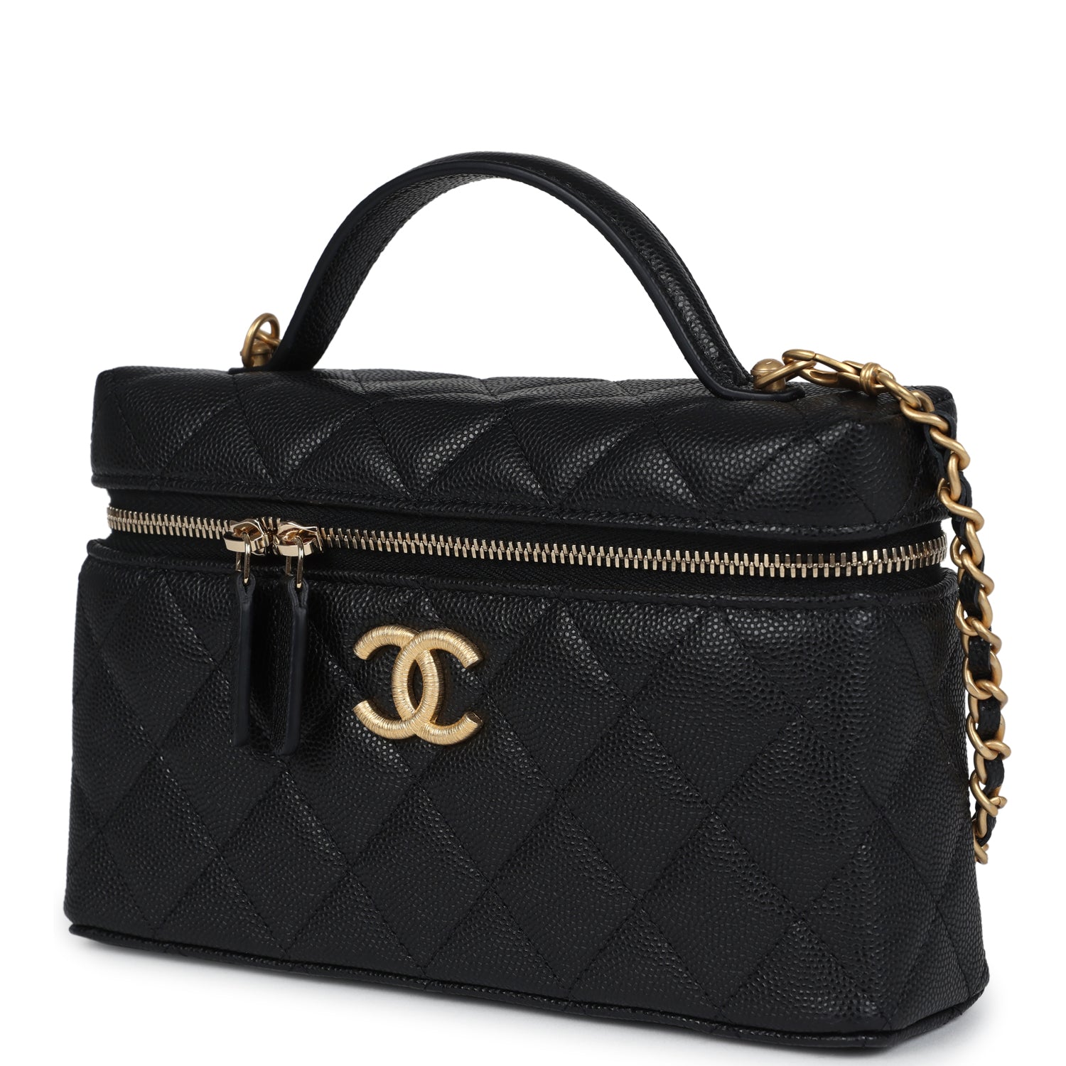 Chanel Top Handle Long Vanity Case With Chain Black Shiny Caviar Brush