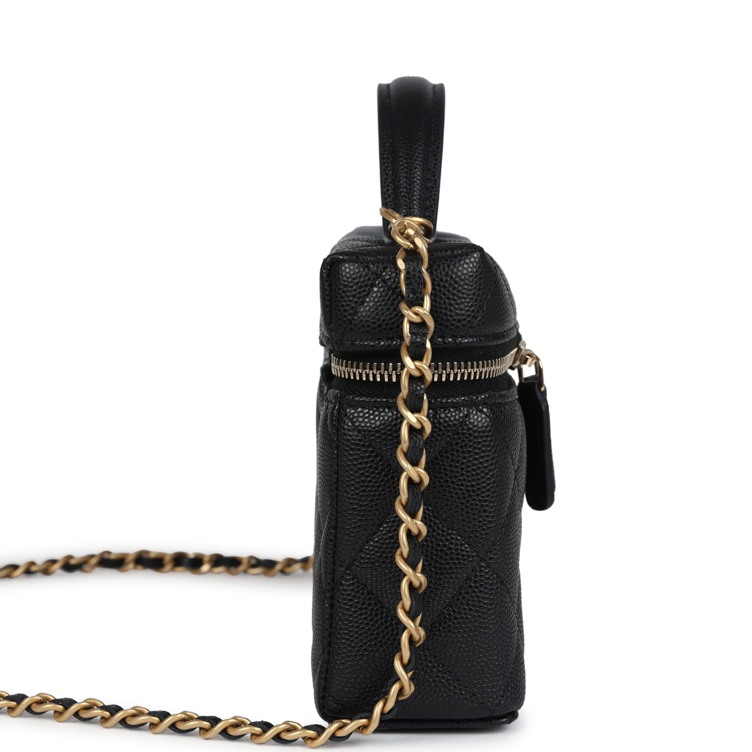 Chanel Top Handle Long Vanity Case With Chain Black Shiny Caviar Brush