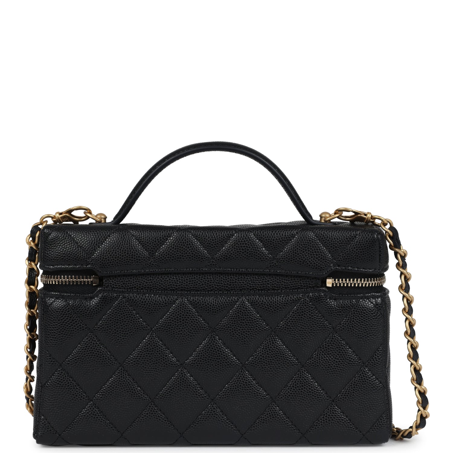 Chanel Top Handle Long Vanity Case With Chain Black Shiny Caviar Brush