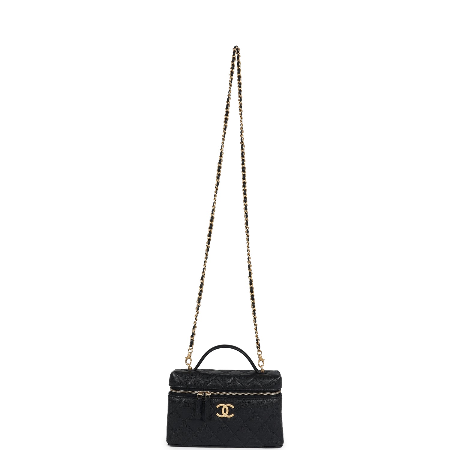 Chanel Top Handle Long Vanity Case With Chain Black Shiny Caviar Brush
