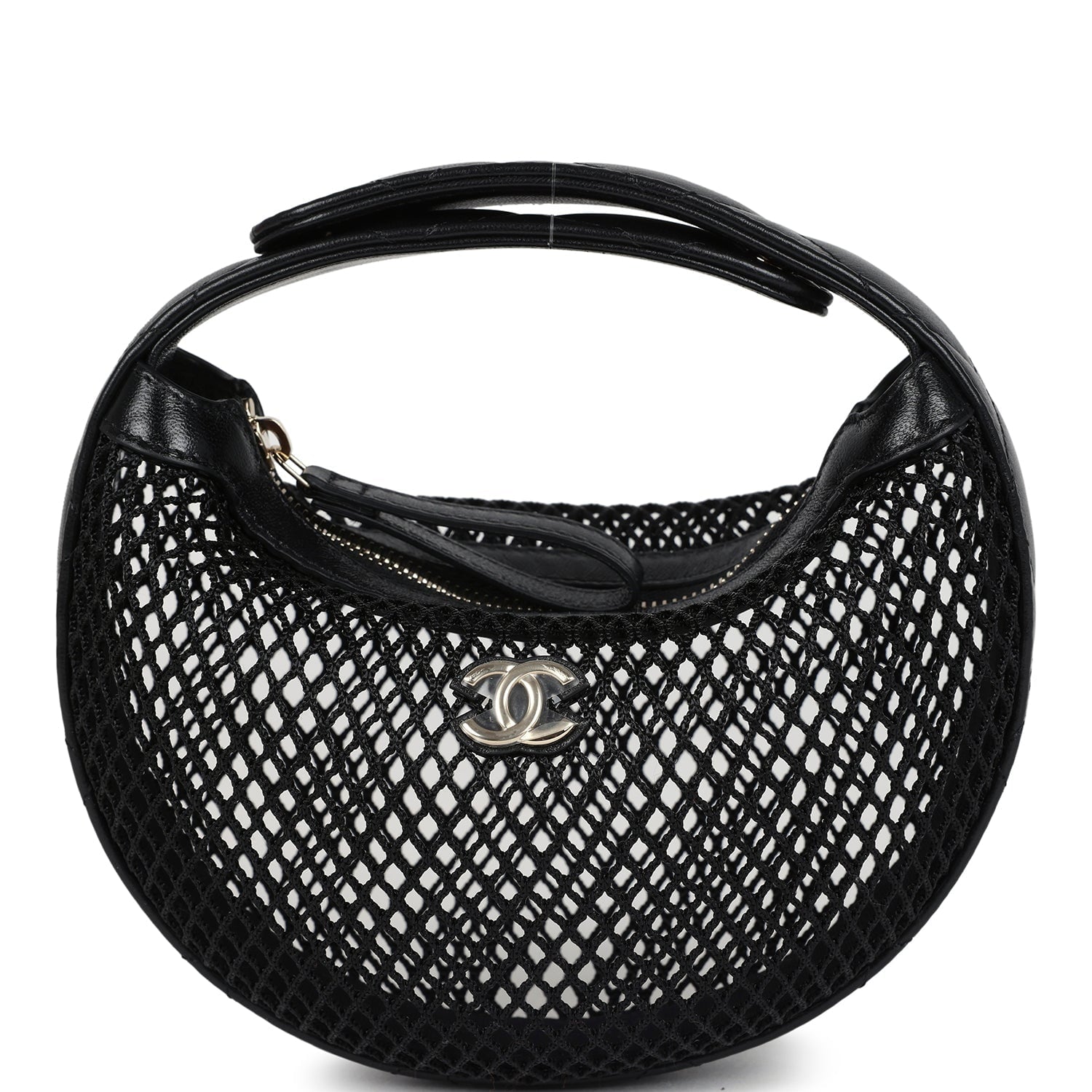 Chanel Mini Round Hobo Pouch Bag Black Mesh Light Gold Hardware
