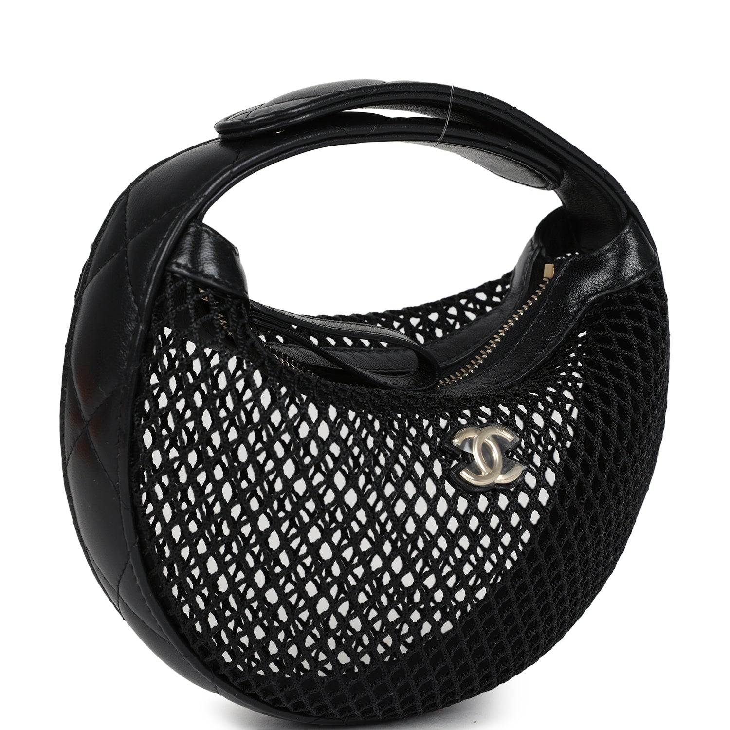Chanel Mini Round Hobo Pouch Bag Black Mesh Light Gold Hardware