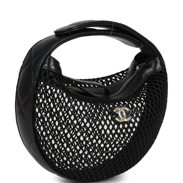 Chanel Mini Round Hobo Pouch Bag Black Mesh Light Gold Hardware