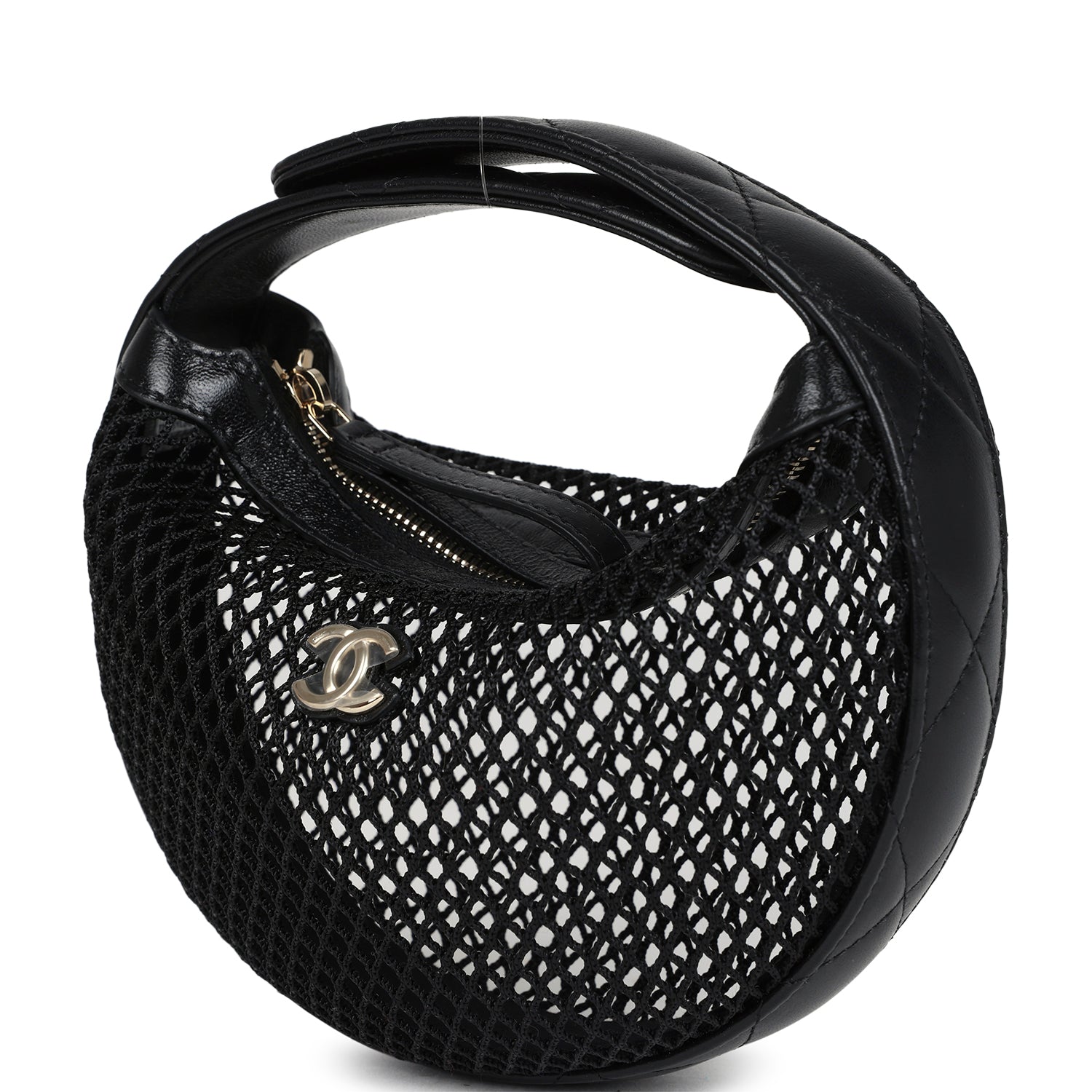 Chanel Mini Round Hobo Pouch Bag Black Mesh Light Gold Hardware