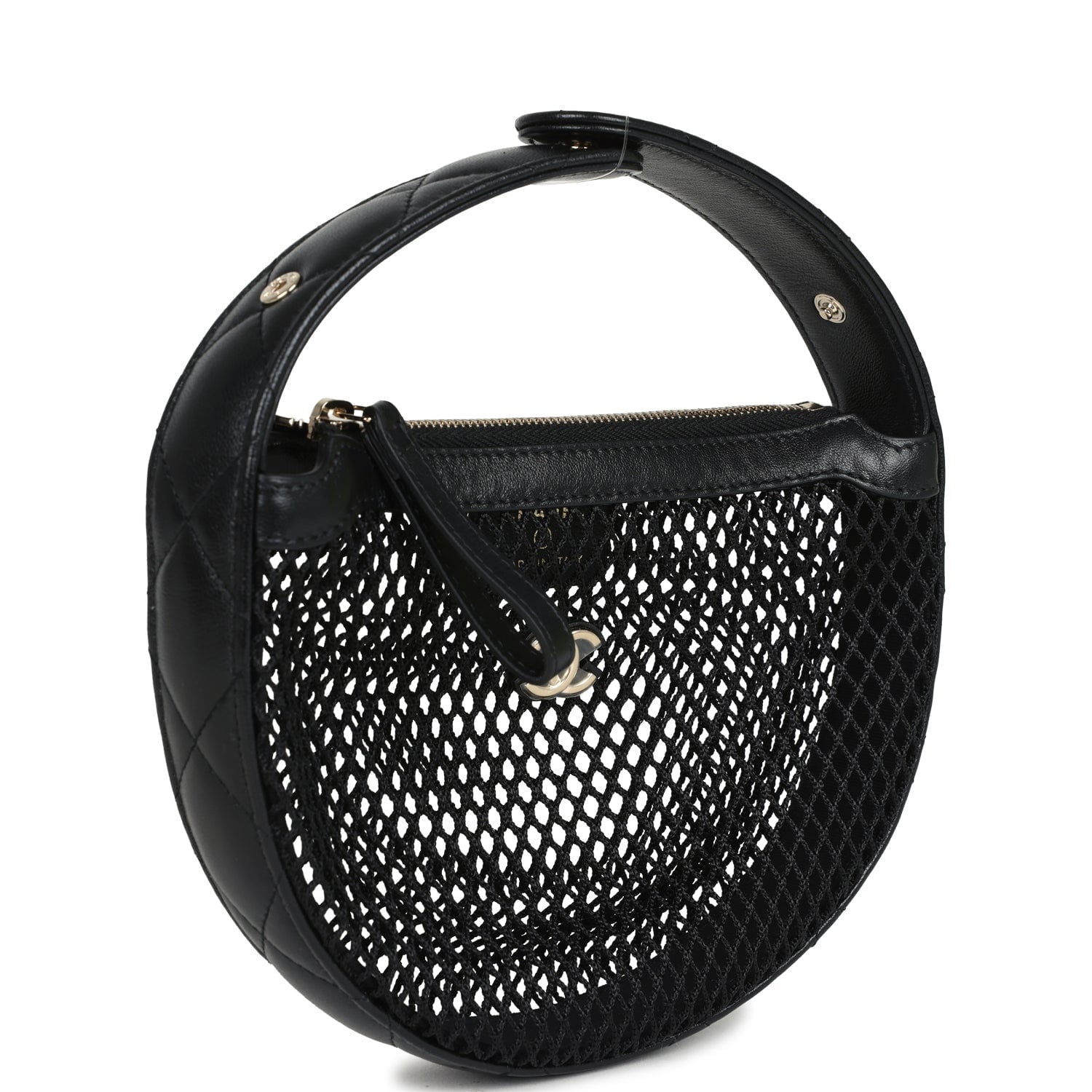 Chanel Mini Round Hobo Pouch Bag Black Mesh Light Gold Hardware