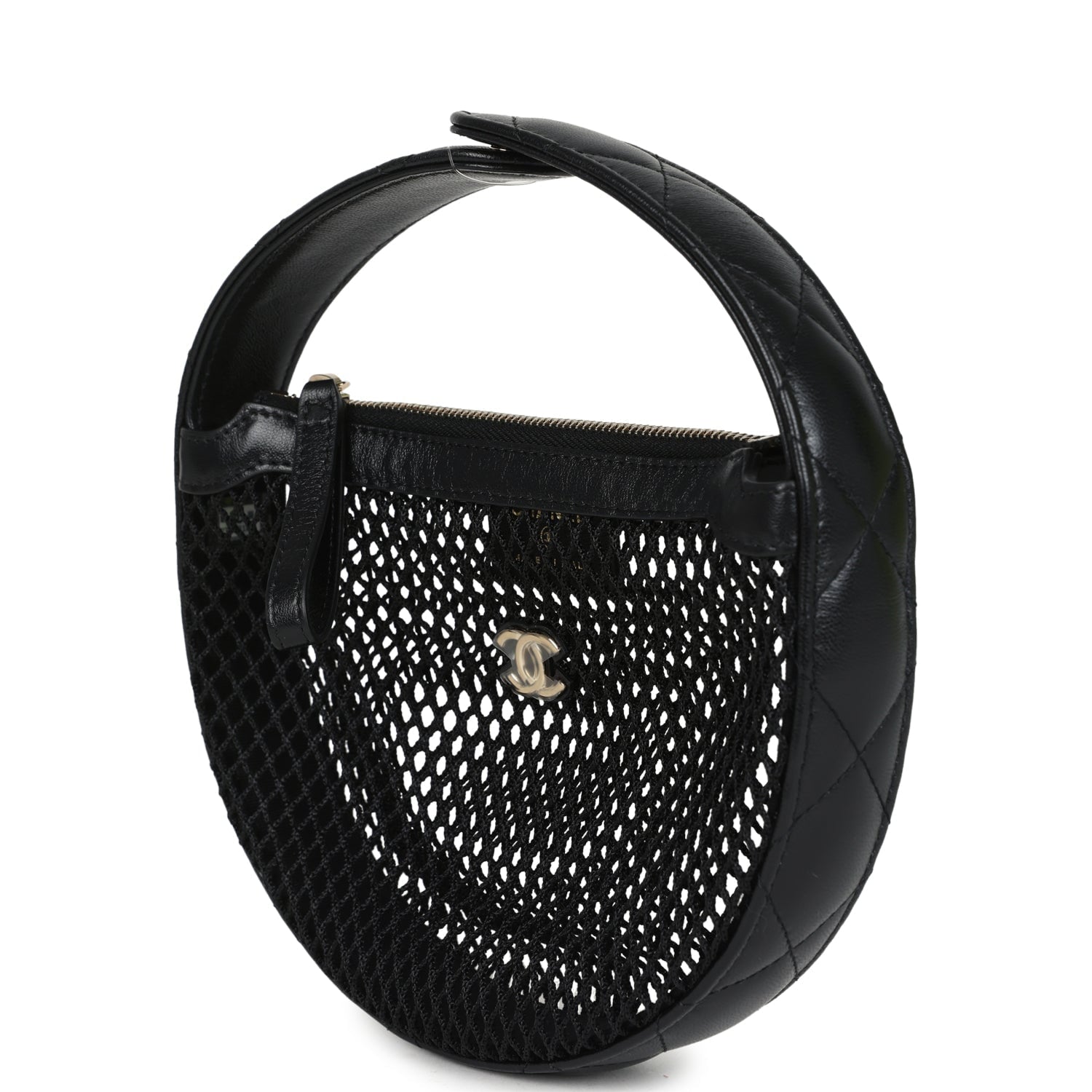 Chanel Mini Round Hobo Pouch Bag Black Mesh Light Gold Hardware