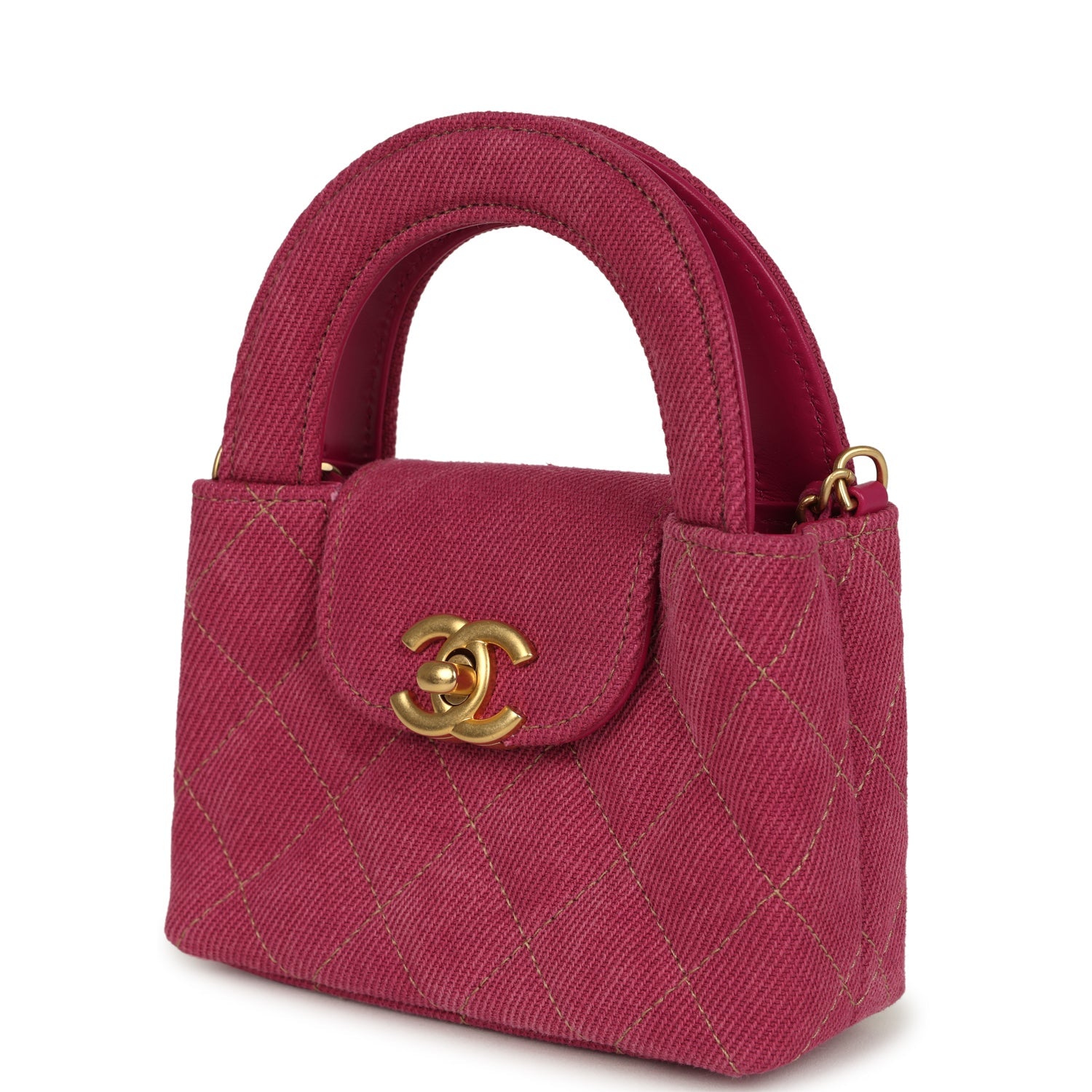 Chanel Nano Kelly Shopper Fuchsia Washed Denim Brushed Gold Hardware