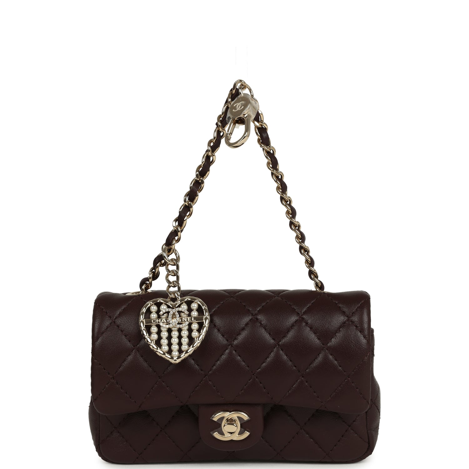 Chanel Nano Classic Double Flap Bag Charm Dark Brown Lambskin Light Go