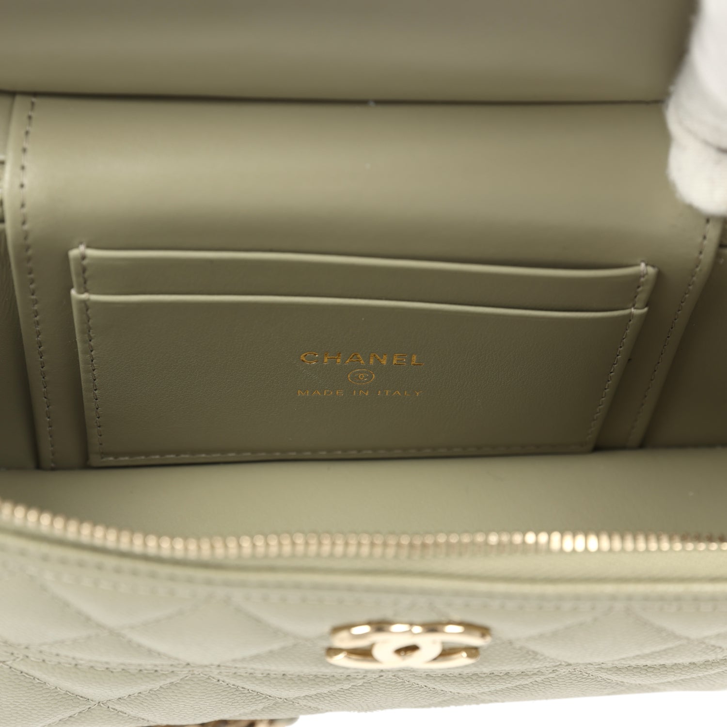 Chanel Trendy Top Handle Long Vanity Case with Chain Khaki Caviar Ligh