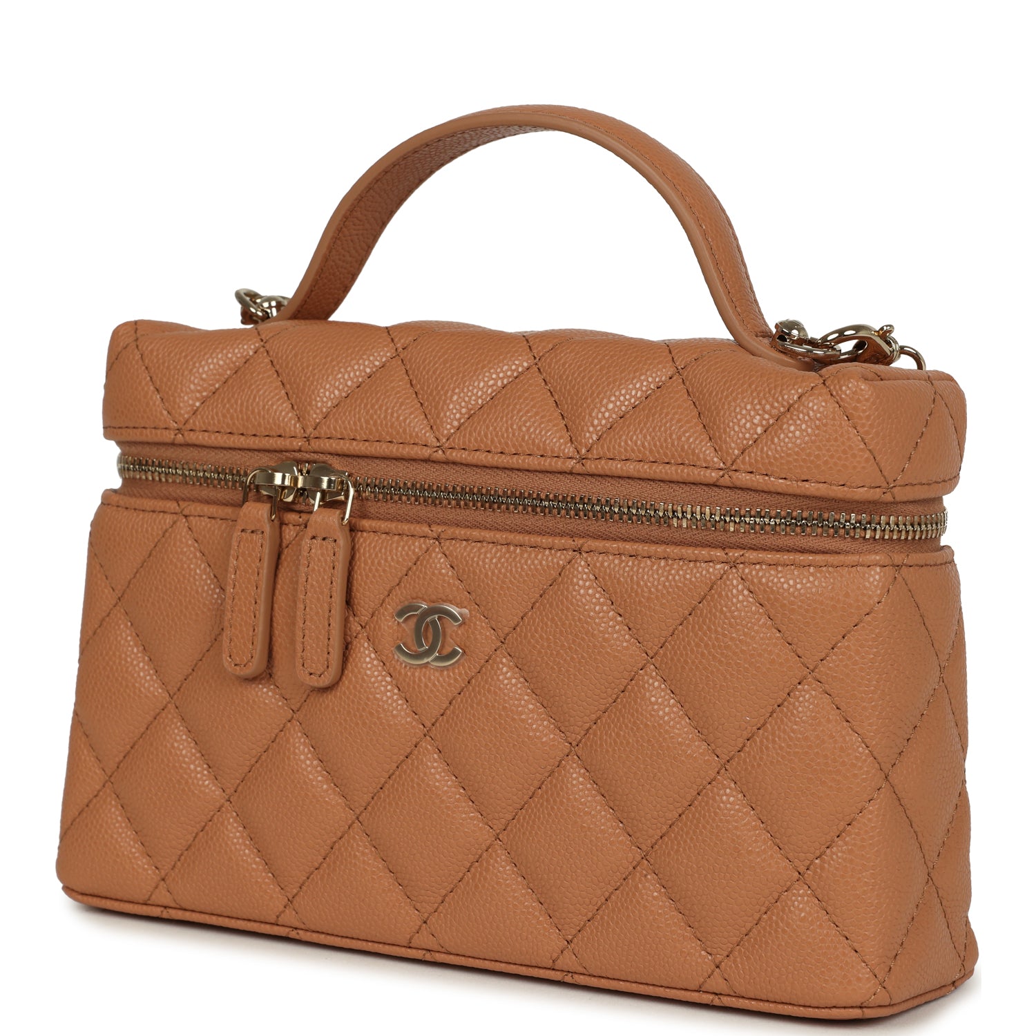 Chanel Top Handle Long Vanity Case with Chain Caramel Shiny Caviar Lig