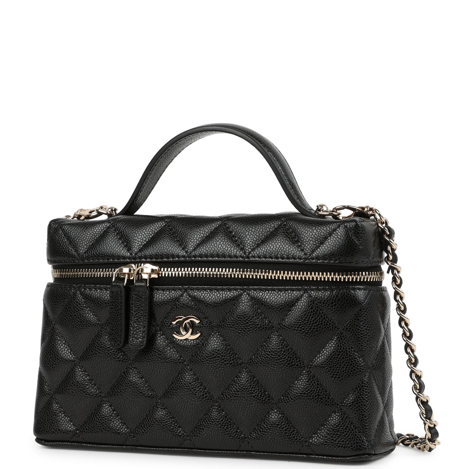 Chanel Top Handle Long Vanity Case with Chain Black Shiny Caviar Light