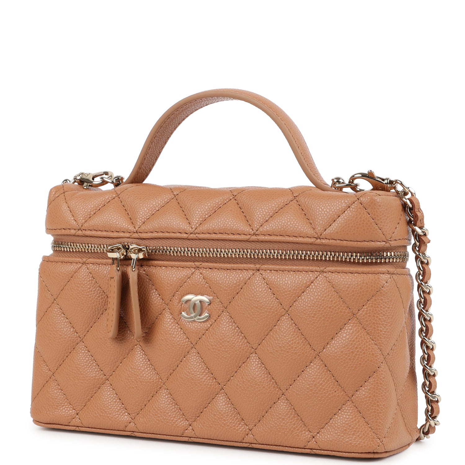 Chanel Top Handle Long Vanity Case with Chain Caramel Shiny Caviar Lig