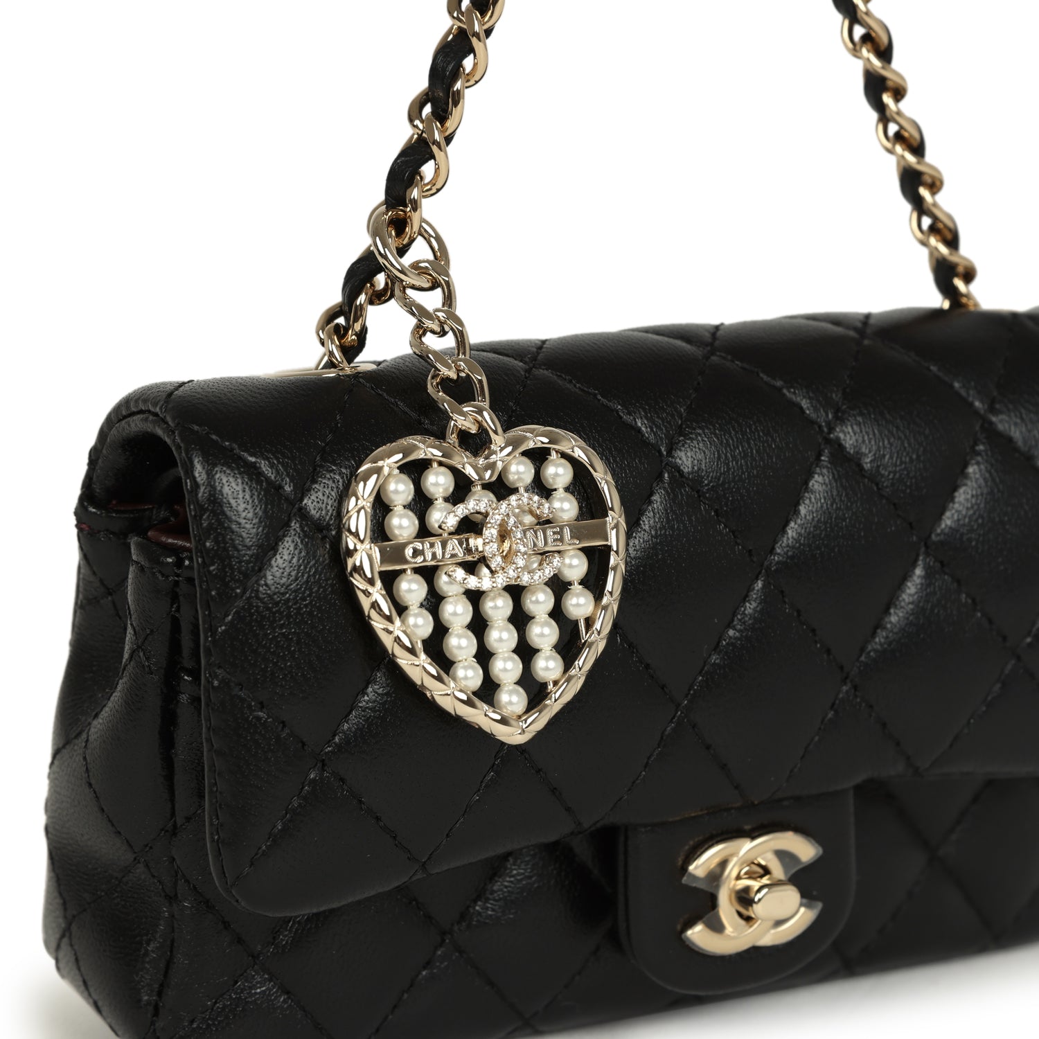 Chanel Nano Classic Double Flap Bag Charm Black Lambskin Light Gold Ha