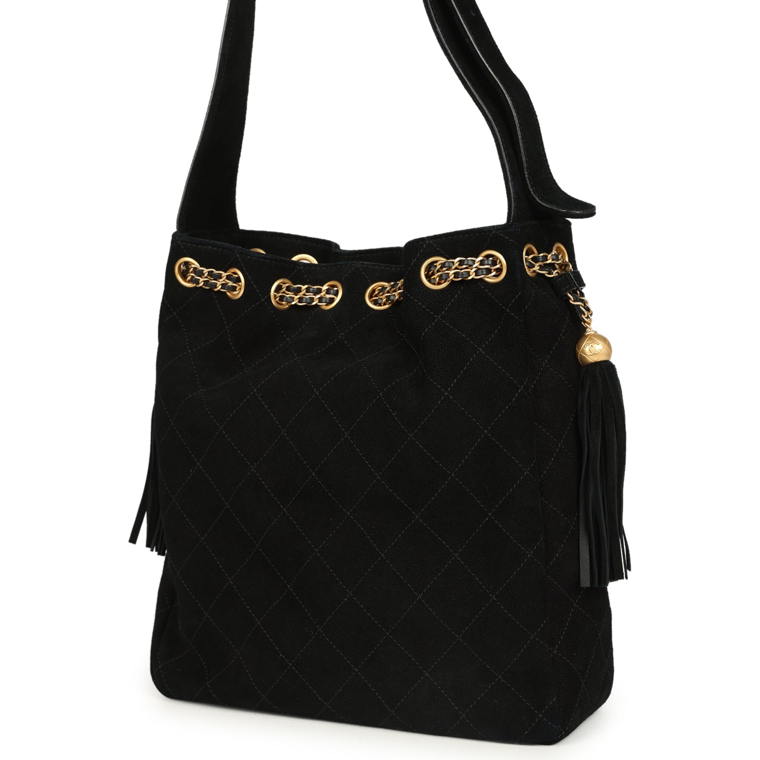 Chanel Large Drawstring Bucket Bag Black Suede Gold Hardware – New ...