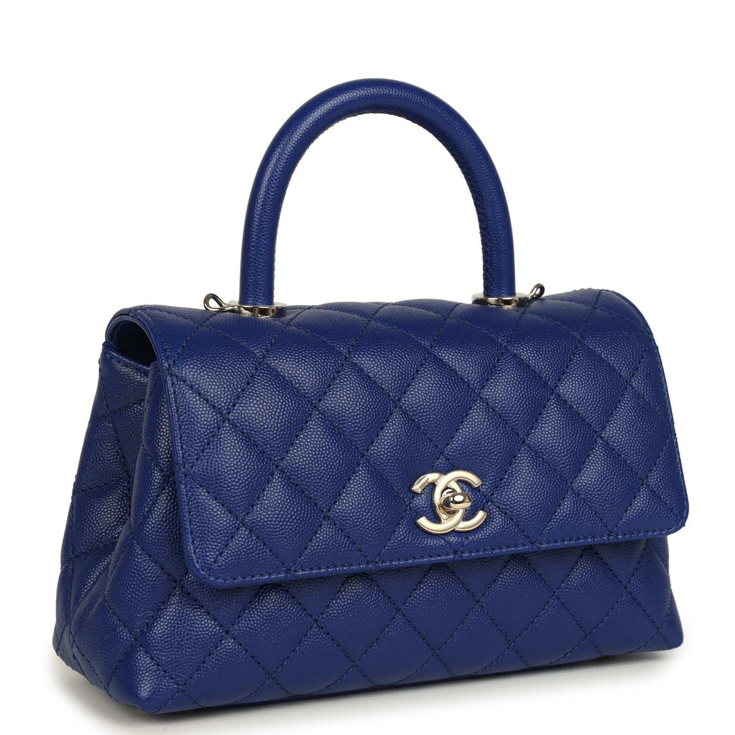 Chanel Mini Coco Top Handle Flap Bag Dark Blue Shiny Caviar Light Gold