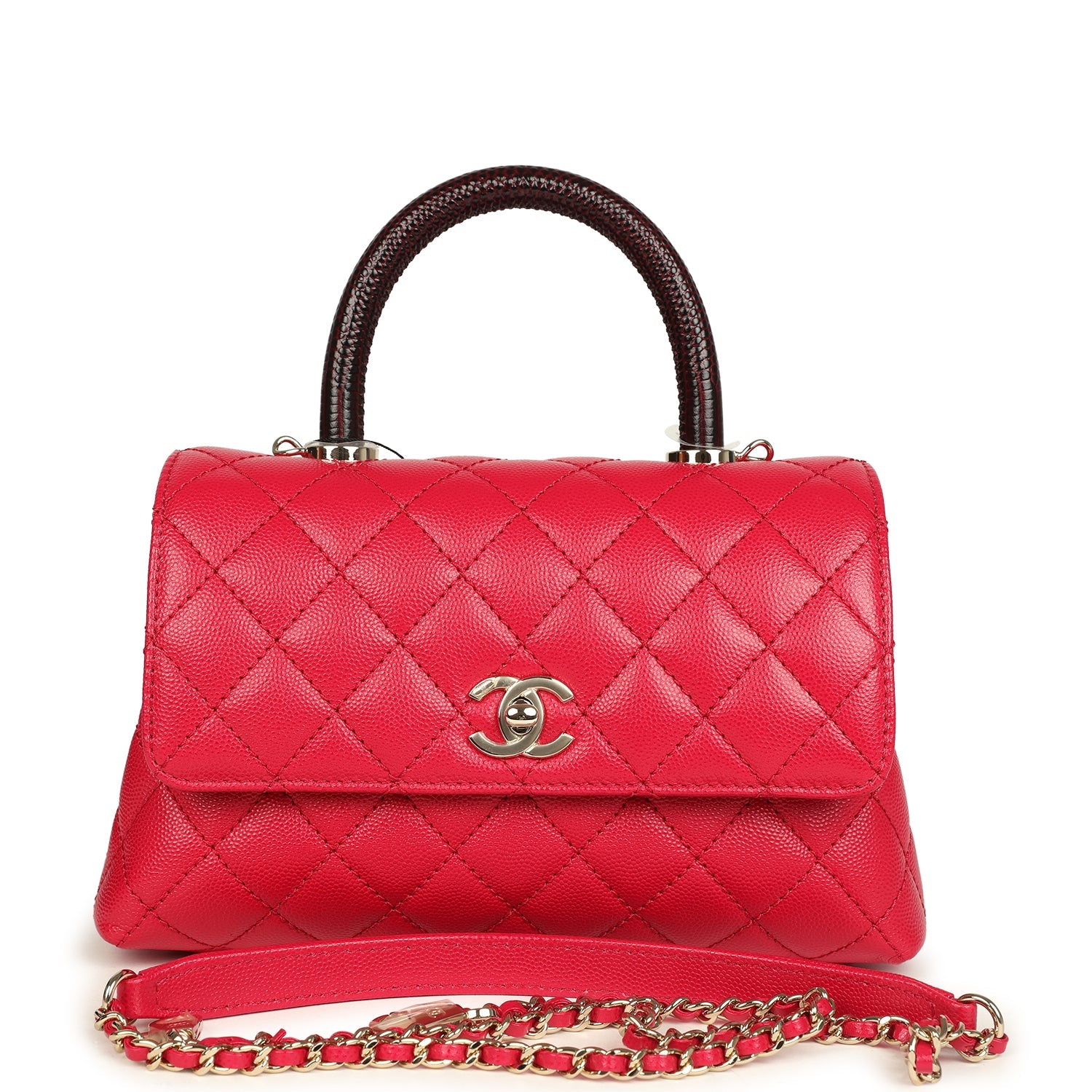 Chanel Mini Coco Top Handle Flap Bag Dark Red Shiny Caviar and Burgund