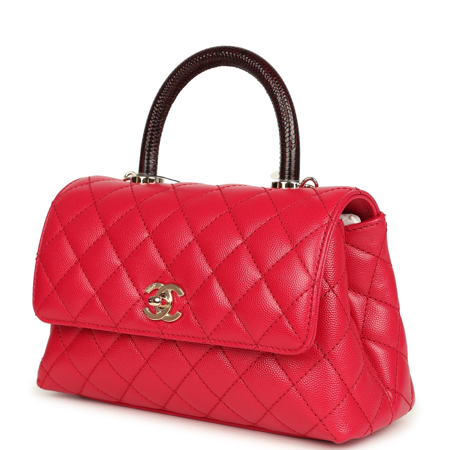 Chanel Mini Coco Top Handle Flap Bag Dark Red Shiny Caviar and Burgund