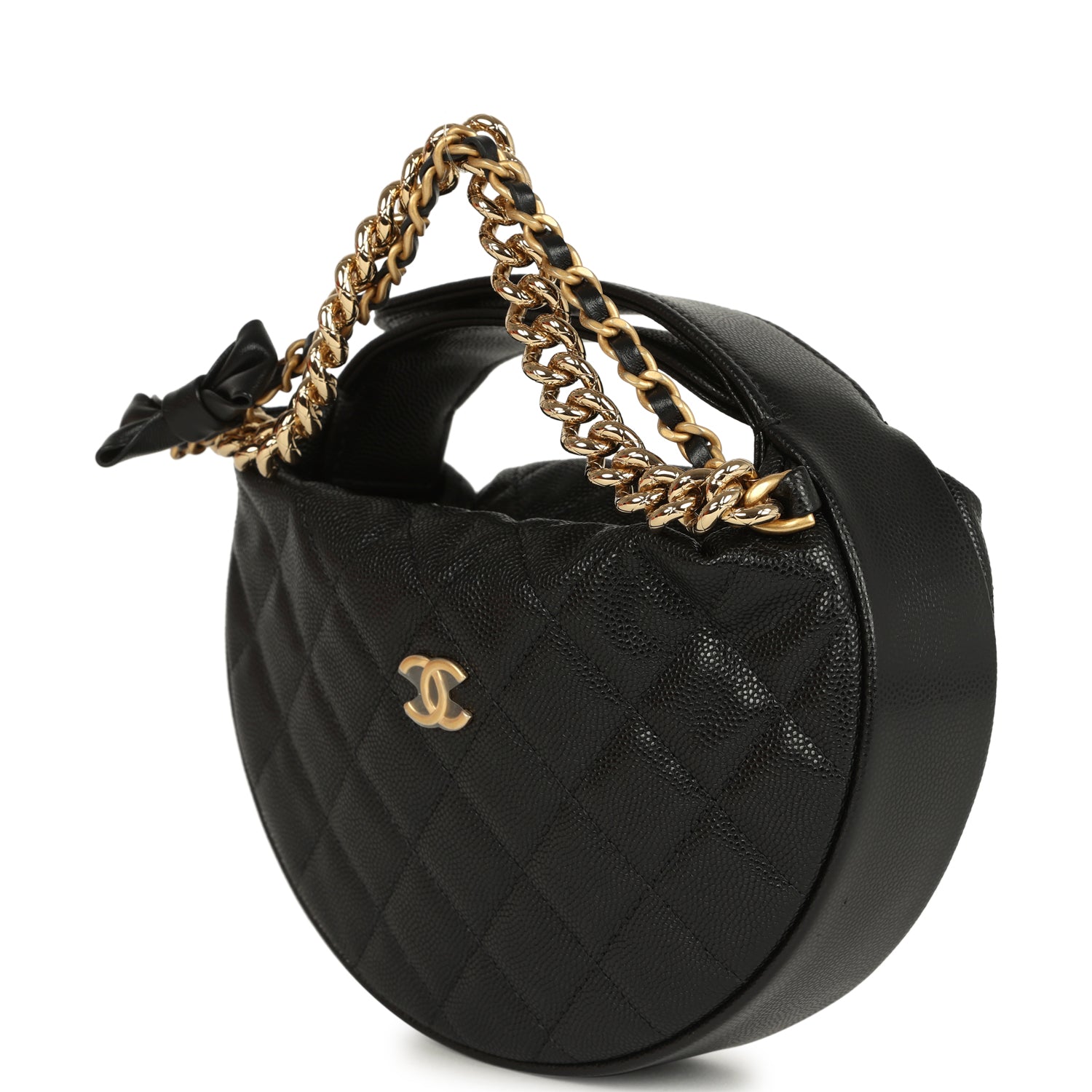 Chanel Mini Round Hobo Pouch Bag Black Shiny Caviar Mixed Metal Hardwa