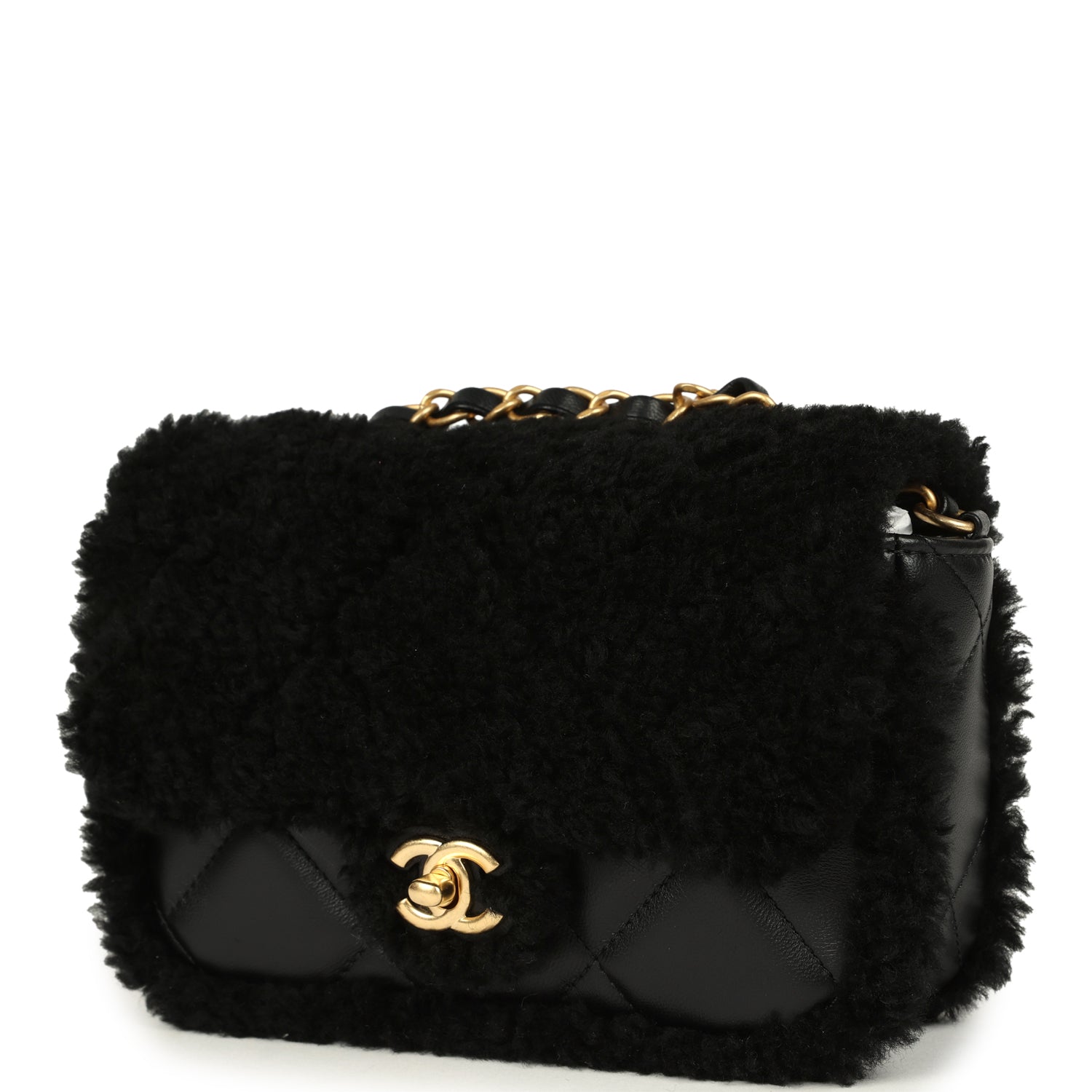 Chanel Mini Shearling Flap Bag Black Lambskin Brushed Gold Hardware ...