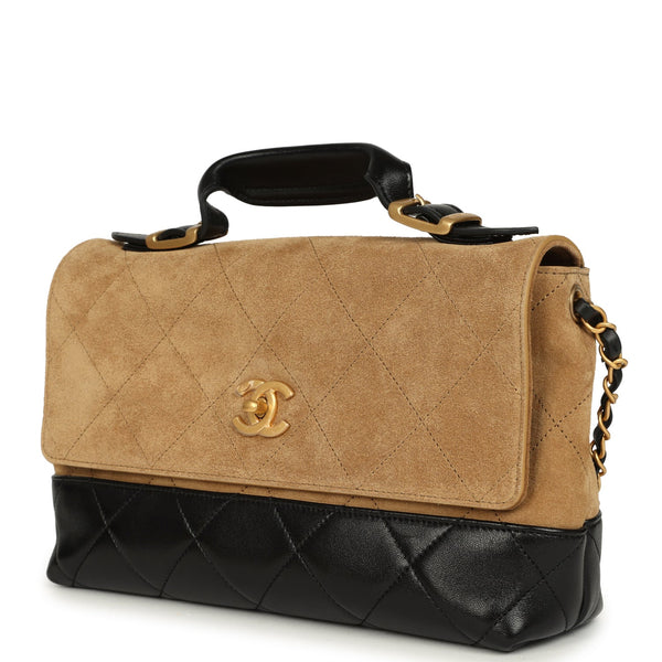 Chanel Coco Base Top Handle Flap Bag Brown Suede and Black Shiny Lambs
