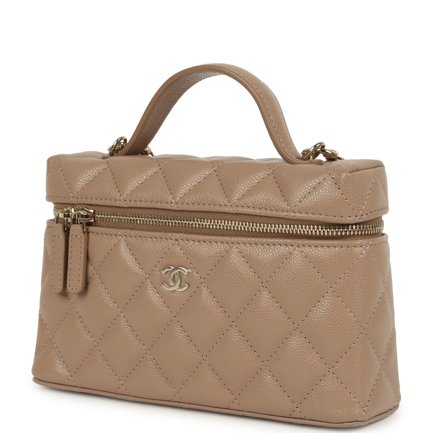 Chanel Top Handle Long Vanity Case with Chain Beige Shiny Caviar Light