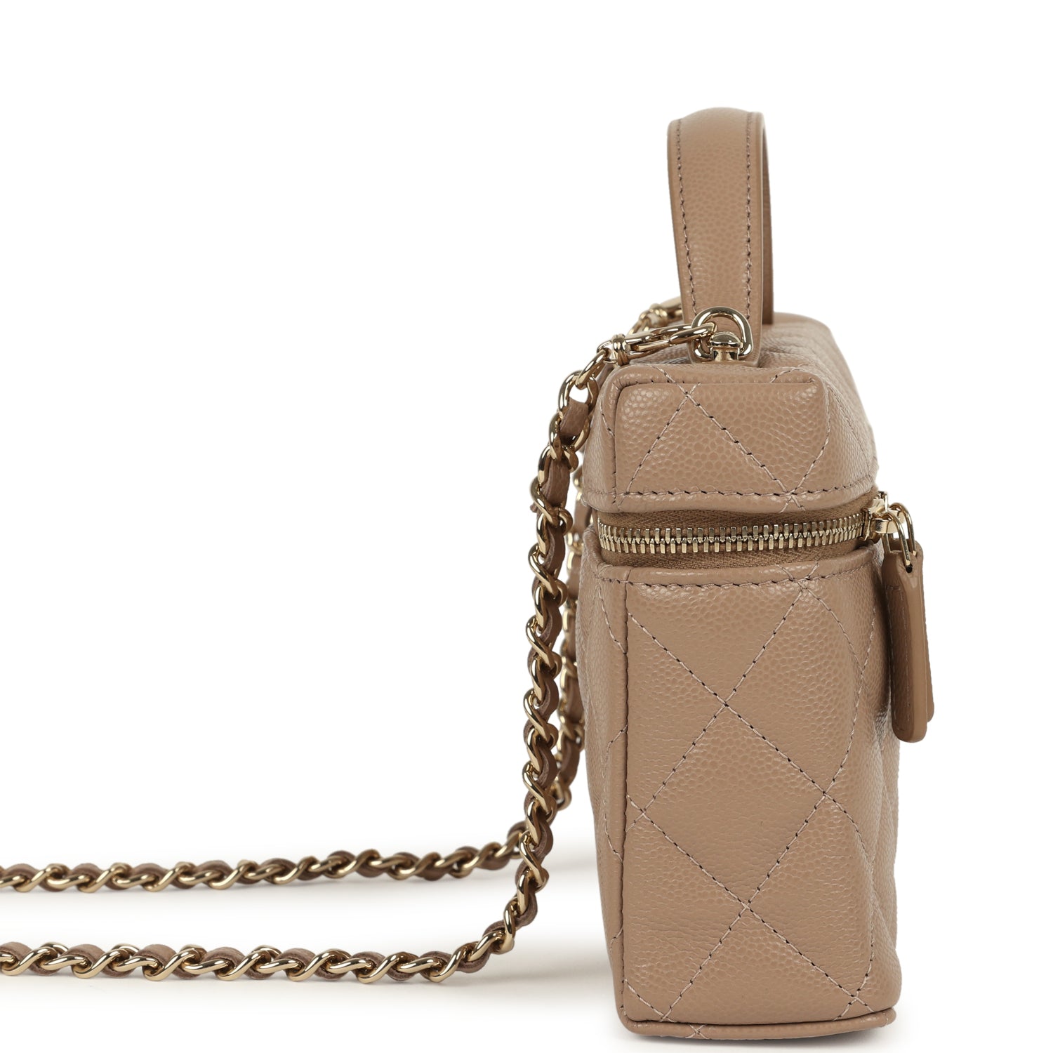 Chanel Top Handle Long Vanity Case with Chain Beige Shiny Caviar Light