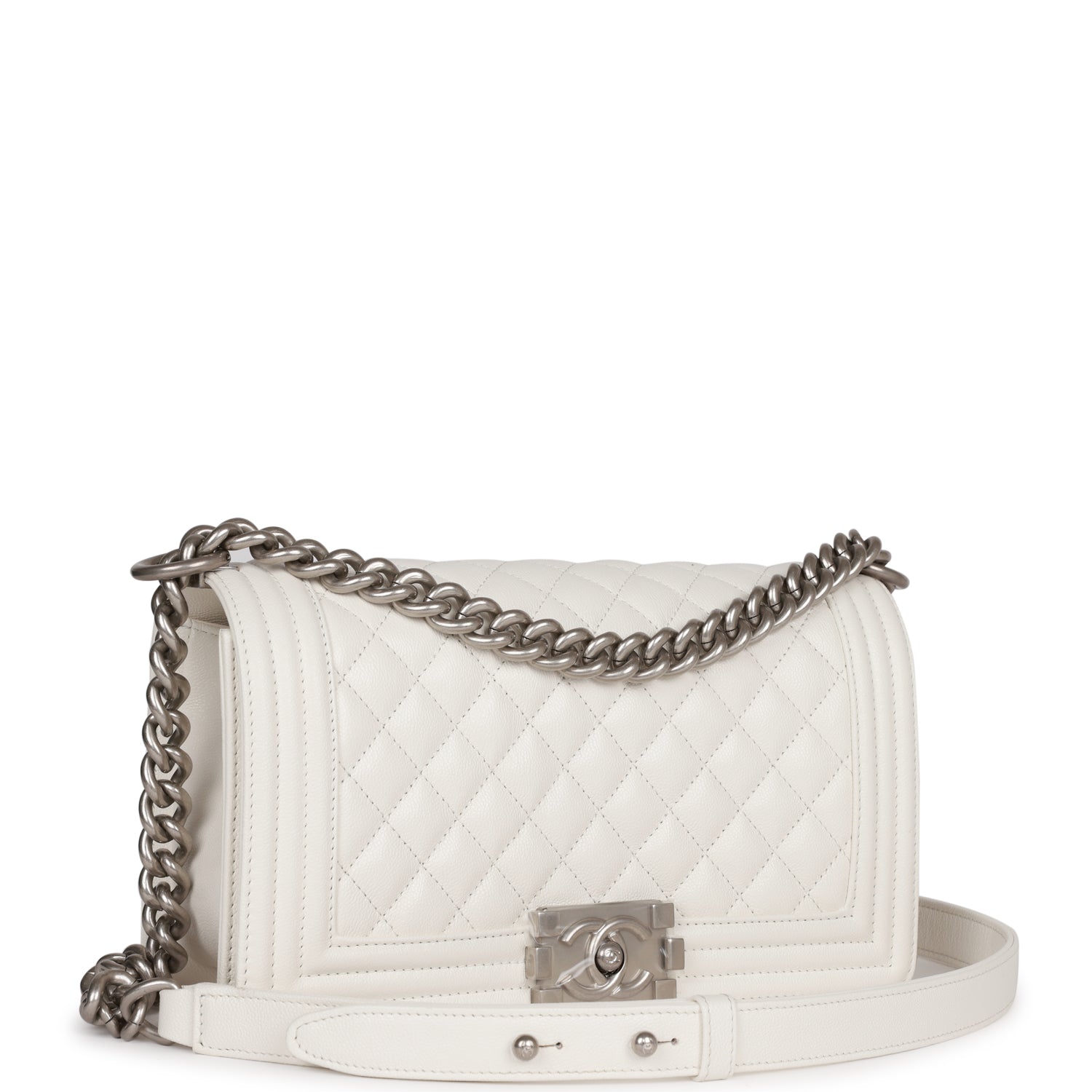Chanel Medium Boy Bag White Caviar Aged Silver Hardware