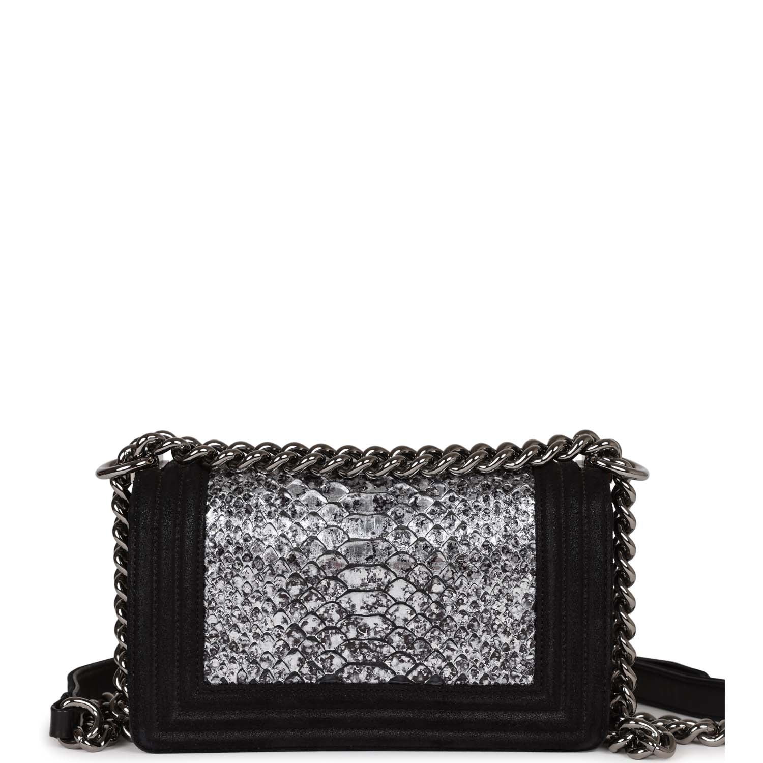 Pre-owned Chanel Small Boy Bag Black Suede and Silver Python Silver Ha