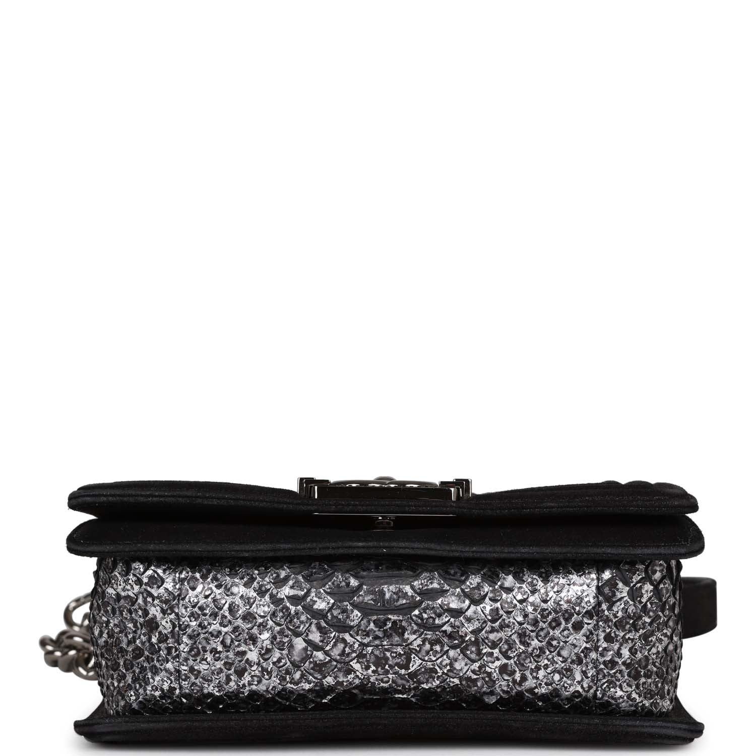 Pre-owned Chanel Small Boy Bag Black Suede and Silver Python Silver Ha