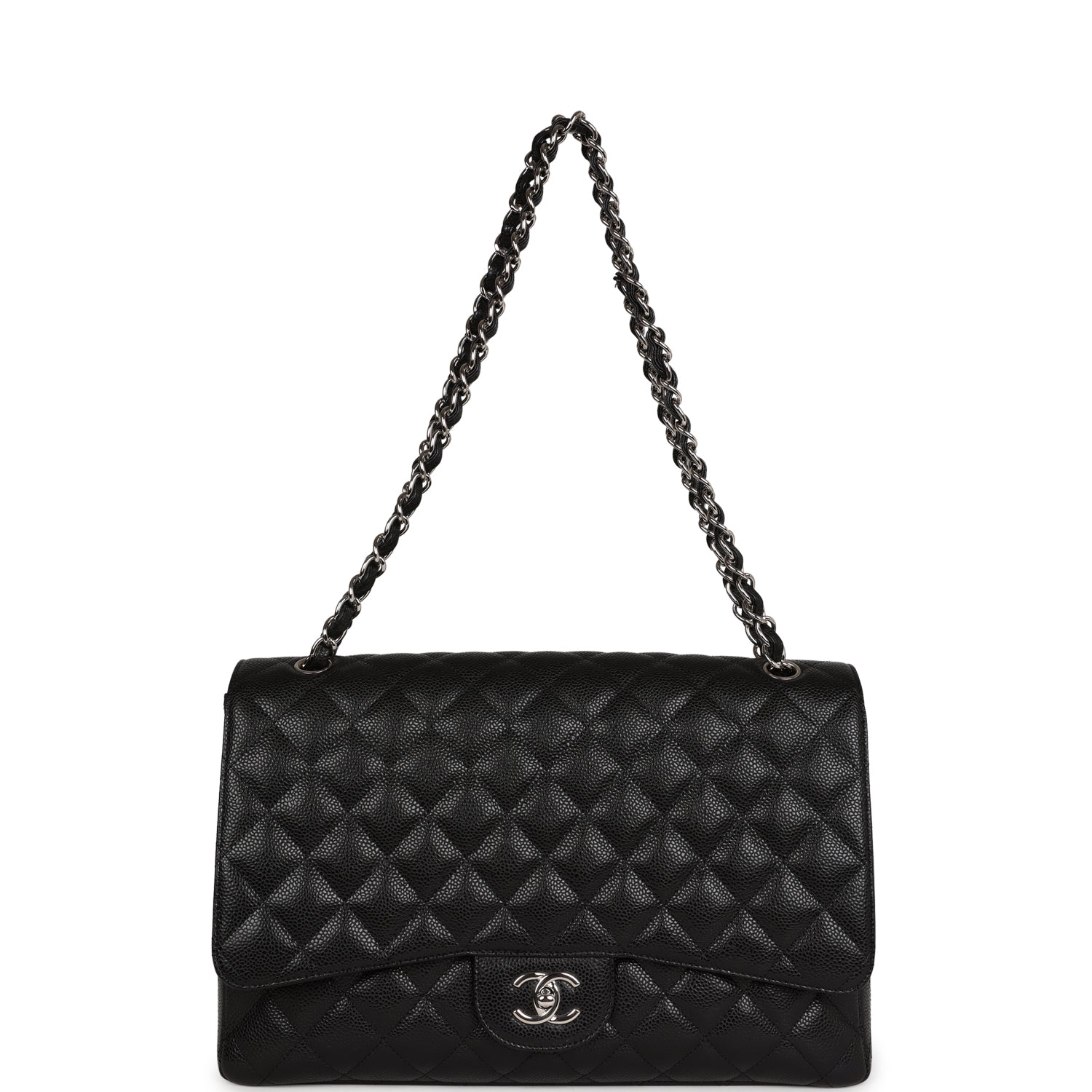 Pre-owned Chanel Maxi Classic Single Flap Bag Black Caviar Silver Hard