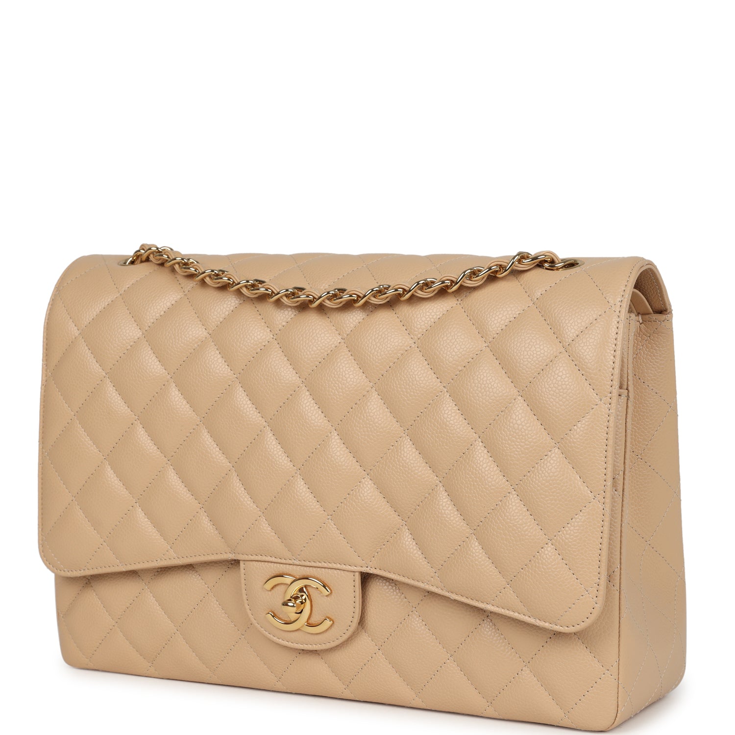 Chanel Maxi Classic Double Flap Bag Beige Caviar Gold Hardware