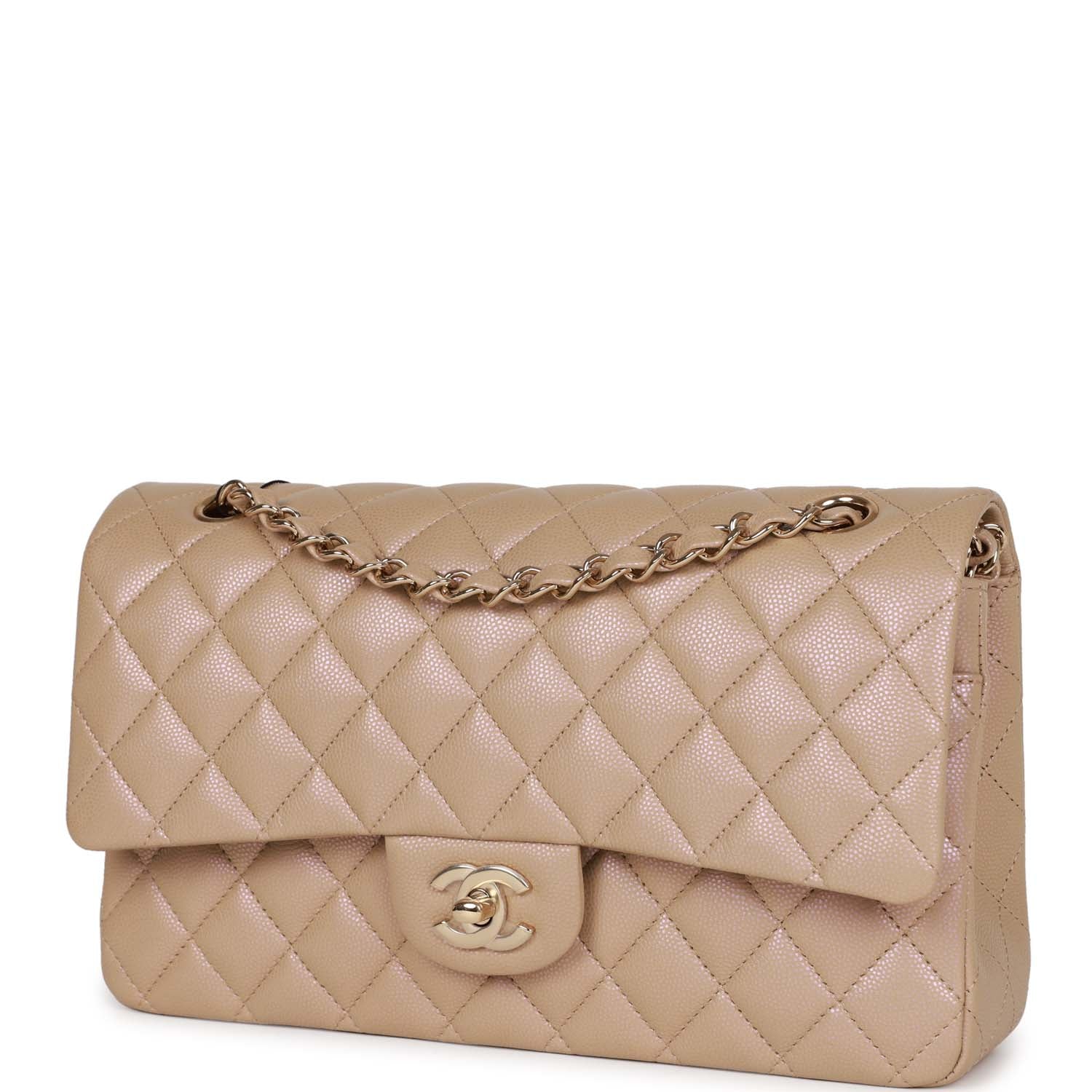 Chanel Medium Classic Double Flap Bag Beige Iridescent Caviar Light Go