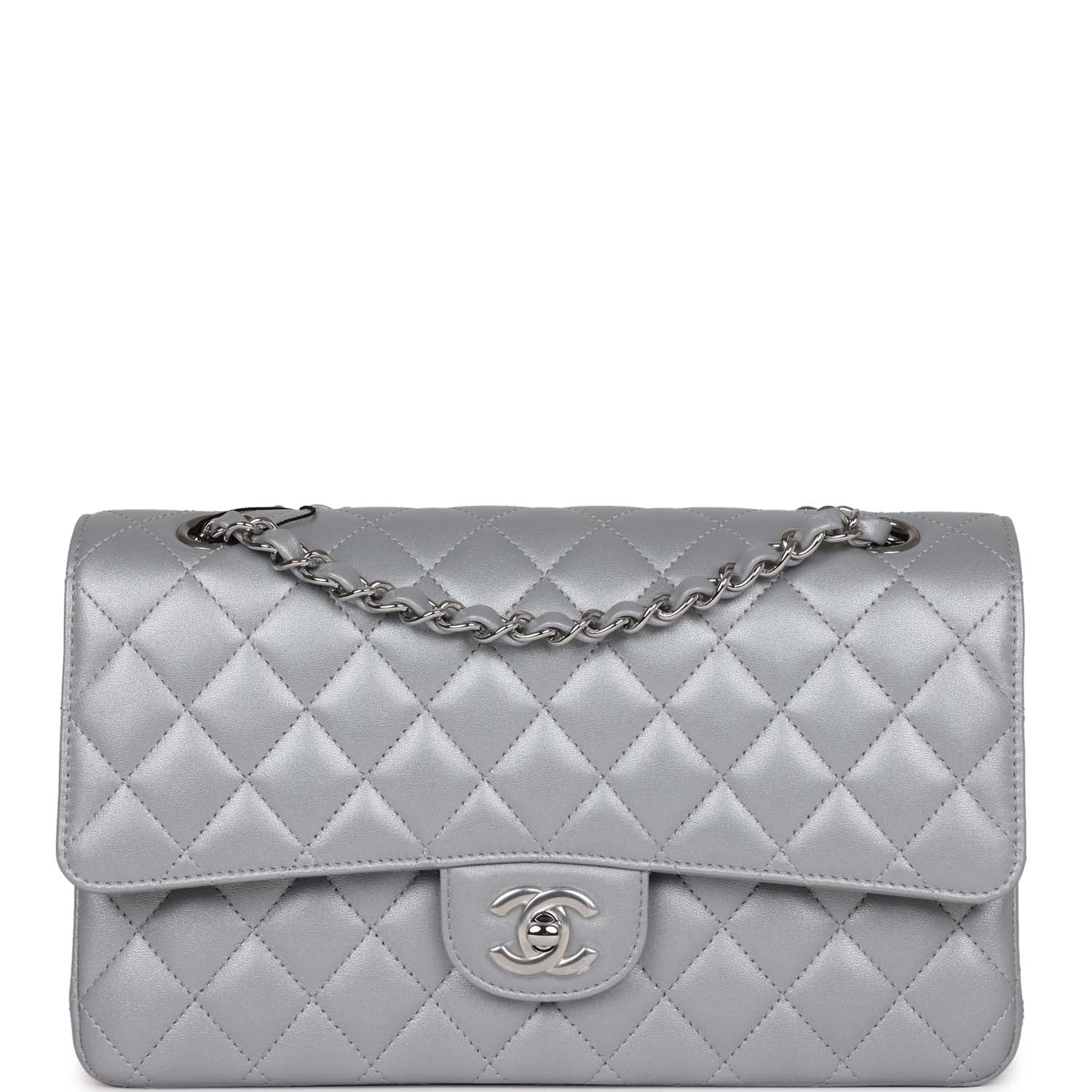 Chanel Medium Classic Double Flap Bag Silver Metallic Lambskin Silver