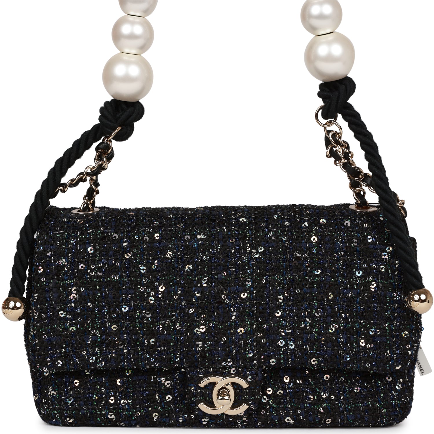 Chanel Medium Pearl Handle Flap Bag Dark Blue Tweed Boucle Light Gold