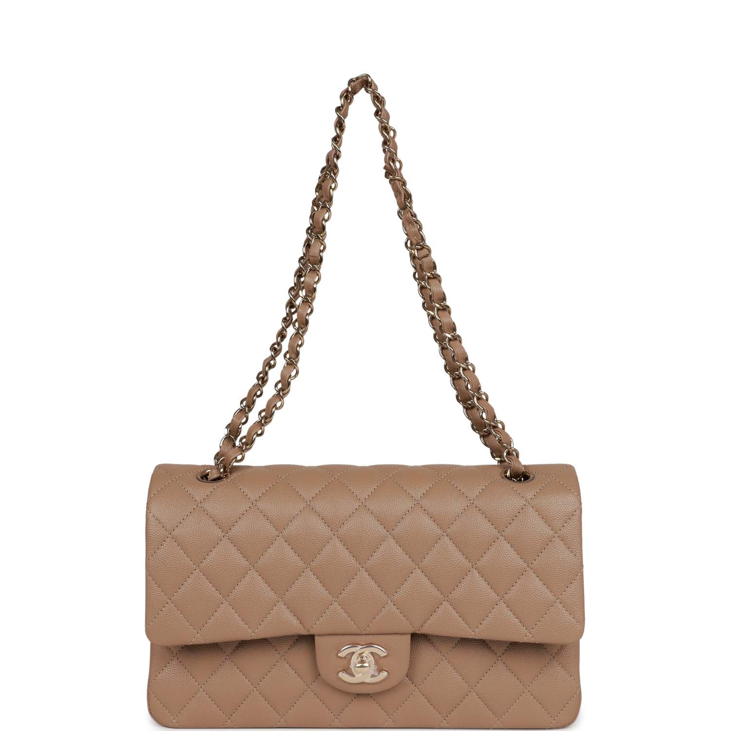 Chanel Medium Classic Double Flap Bag Dark Beige Caviar Light Gold Har