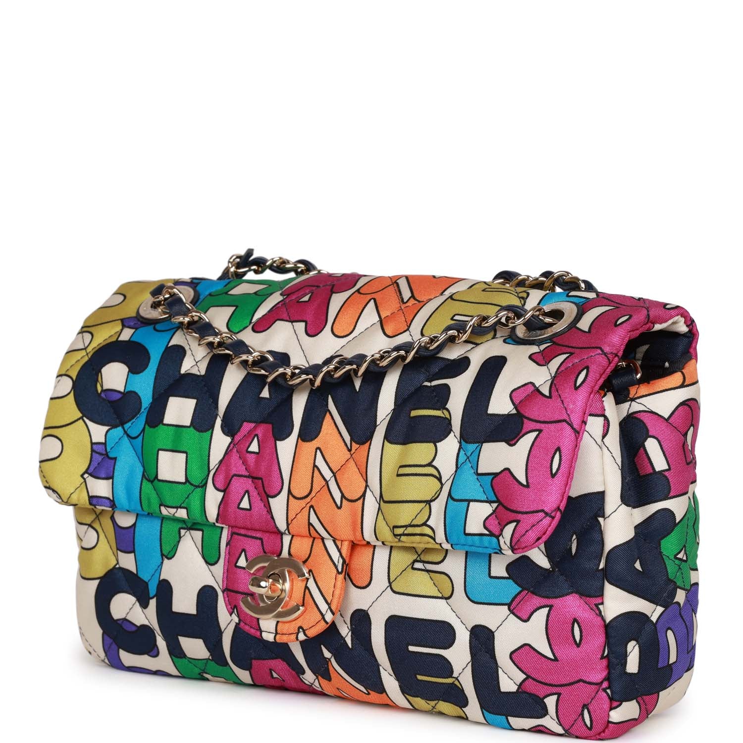 Chanel Medium Flap Bag Multicolor Rainbow Logo Nylon Light Gold Hardwa