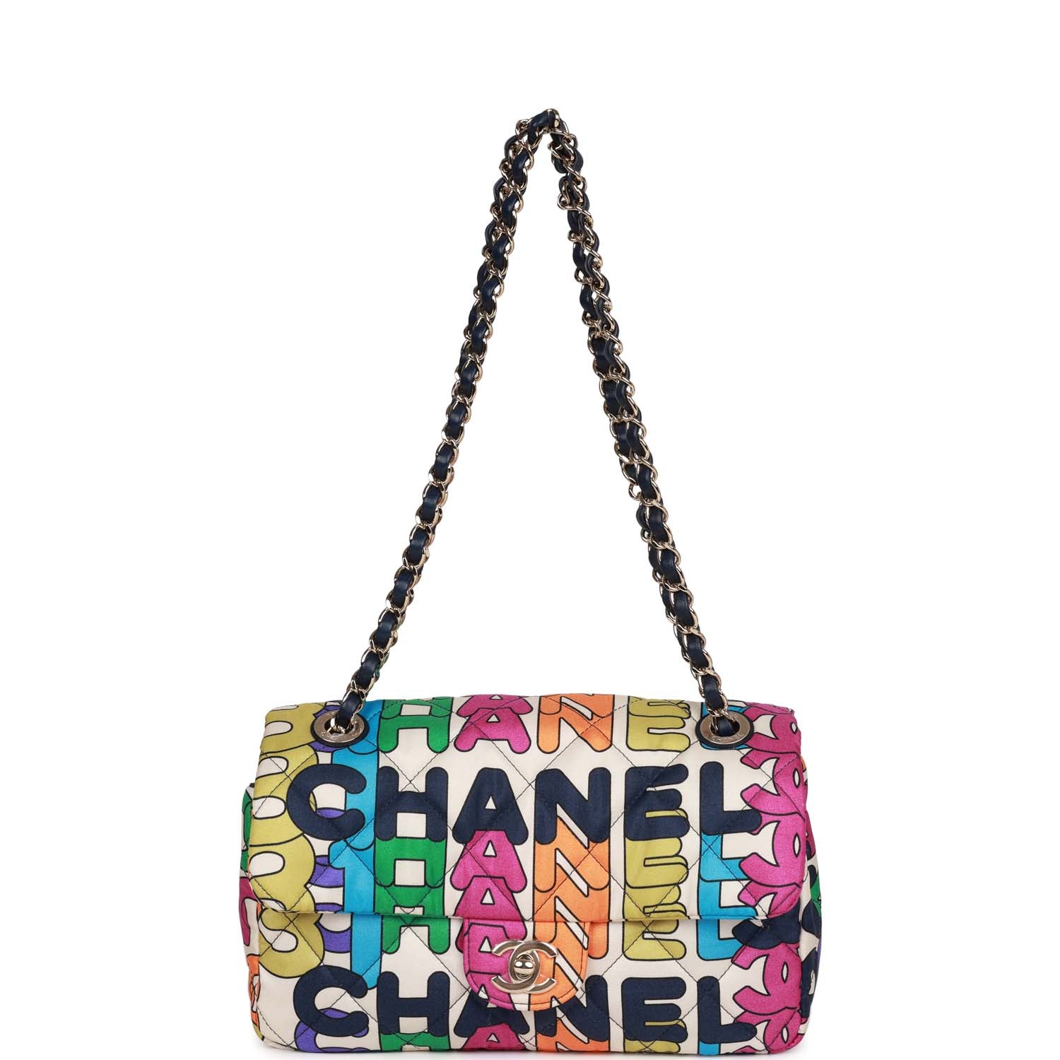 Chanel Medium Flap Bag Multicolor Rainbow Logo Nylon Light Gold Hardwa