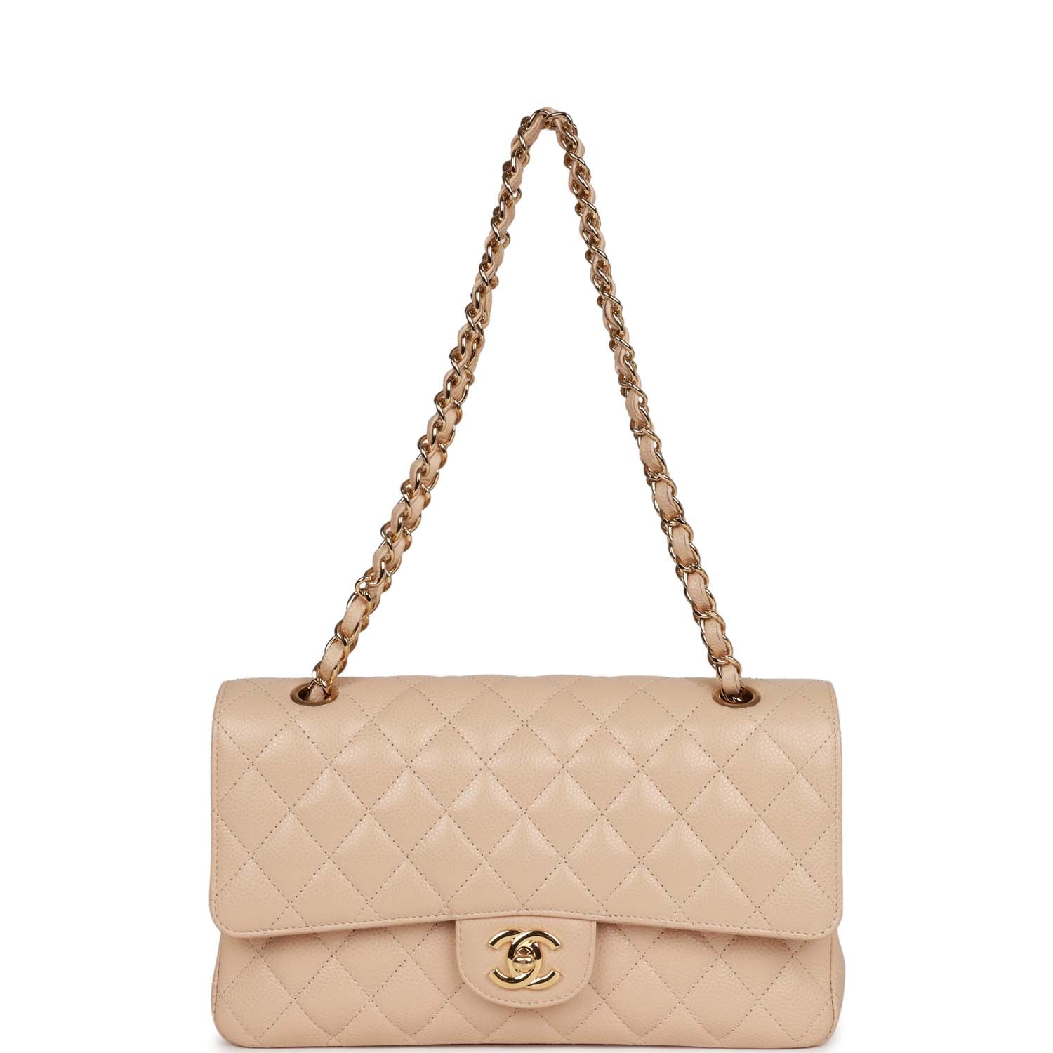 Chanel Beige Quilted Caviar Medium Double Flap Bag Gold Hardware