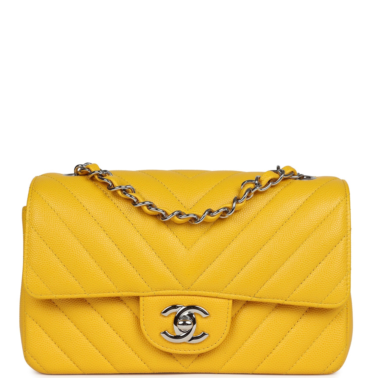 Pre-owned Chanel Mini Rectangular Flap Yellow Chevron Caviar Silver Ha
