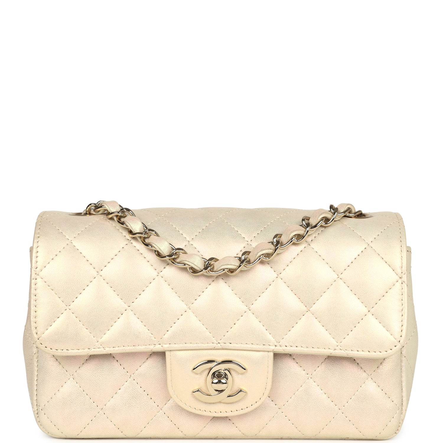 Chanel Mini Rectangular Flap Bag Iridescent Ivory Lambskin Light Gold