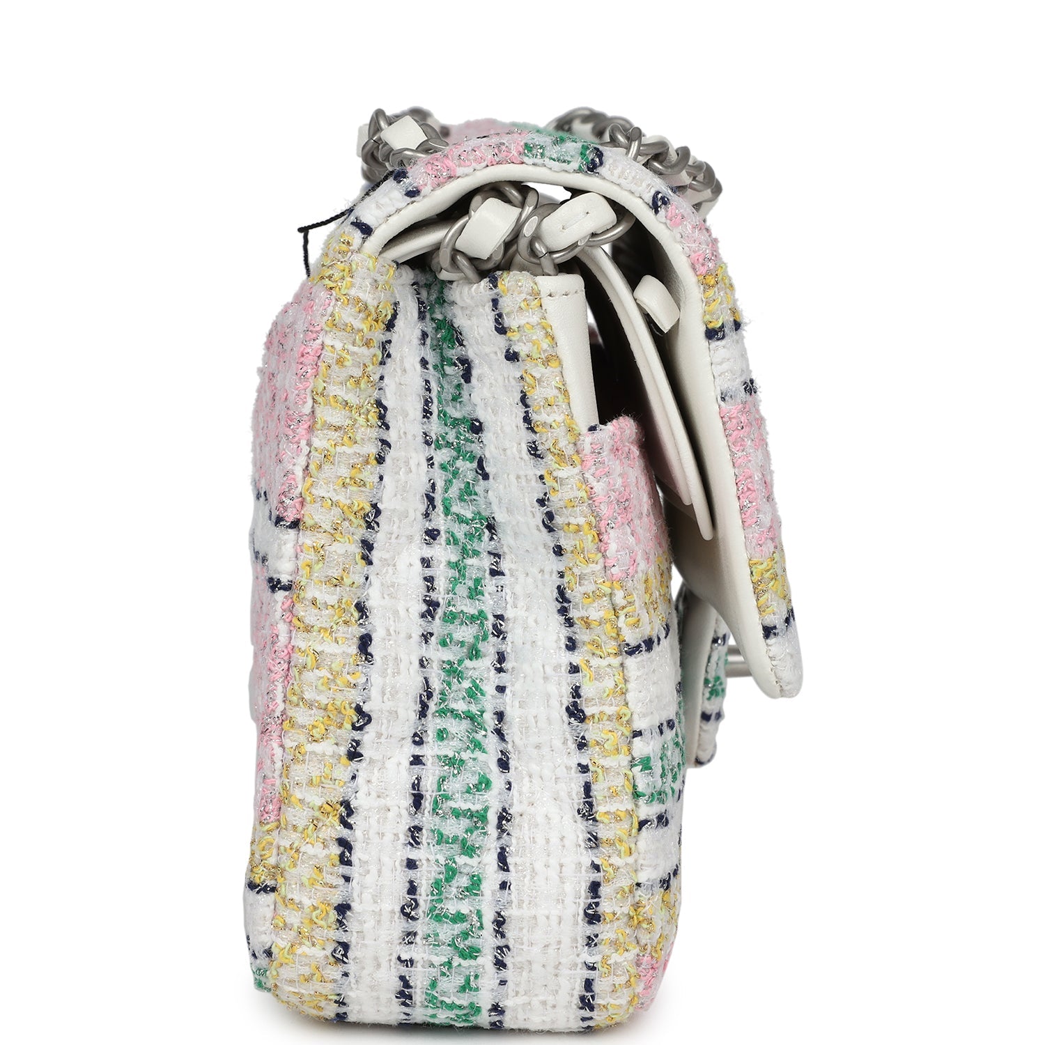 Chanel Medium Classic Double Flap White Multicolor Tweed Brushed Silver ...