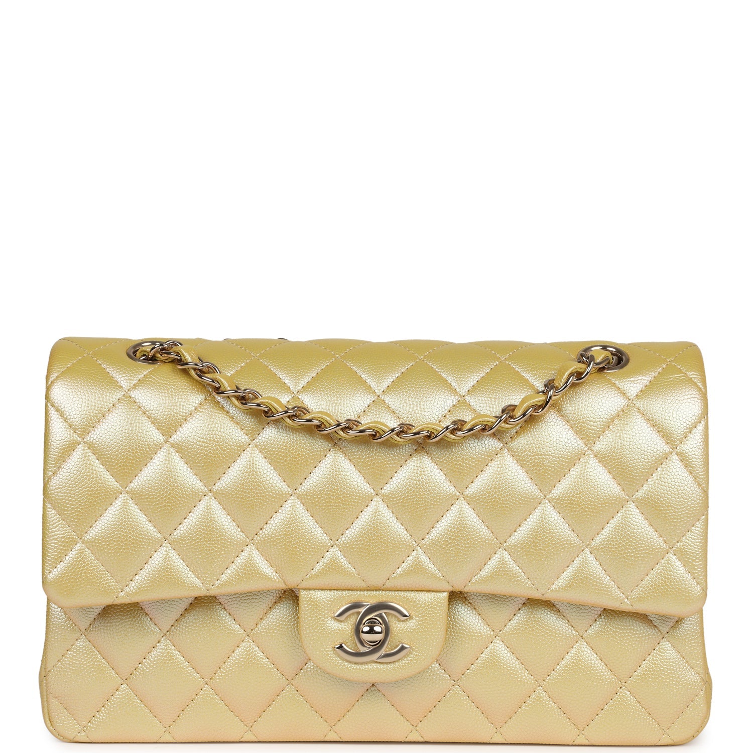Chanel Medium Classic Double Flap Bag Yellow Iridescent Caviar Light G