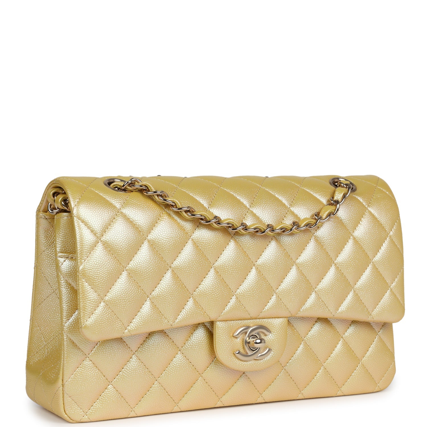 Chanel Medium Classic Double Flap Bag Yellow Iridescent Caviar Light G