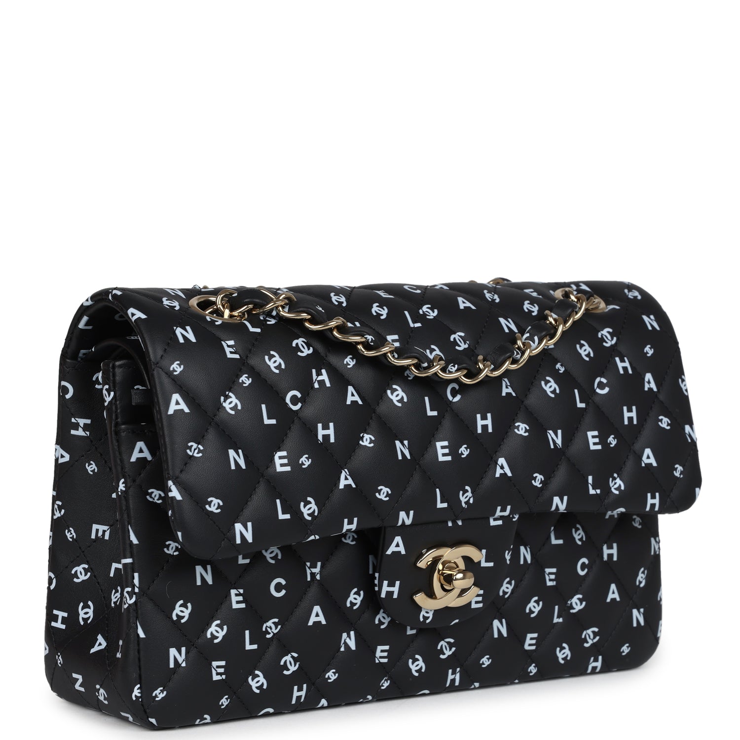 Chanel Small Classic Double Logo Printed Flap Bag Black and White Calf