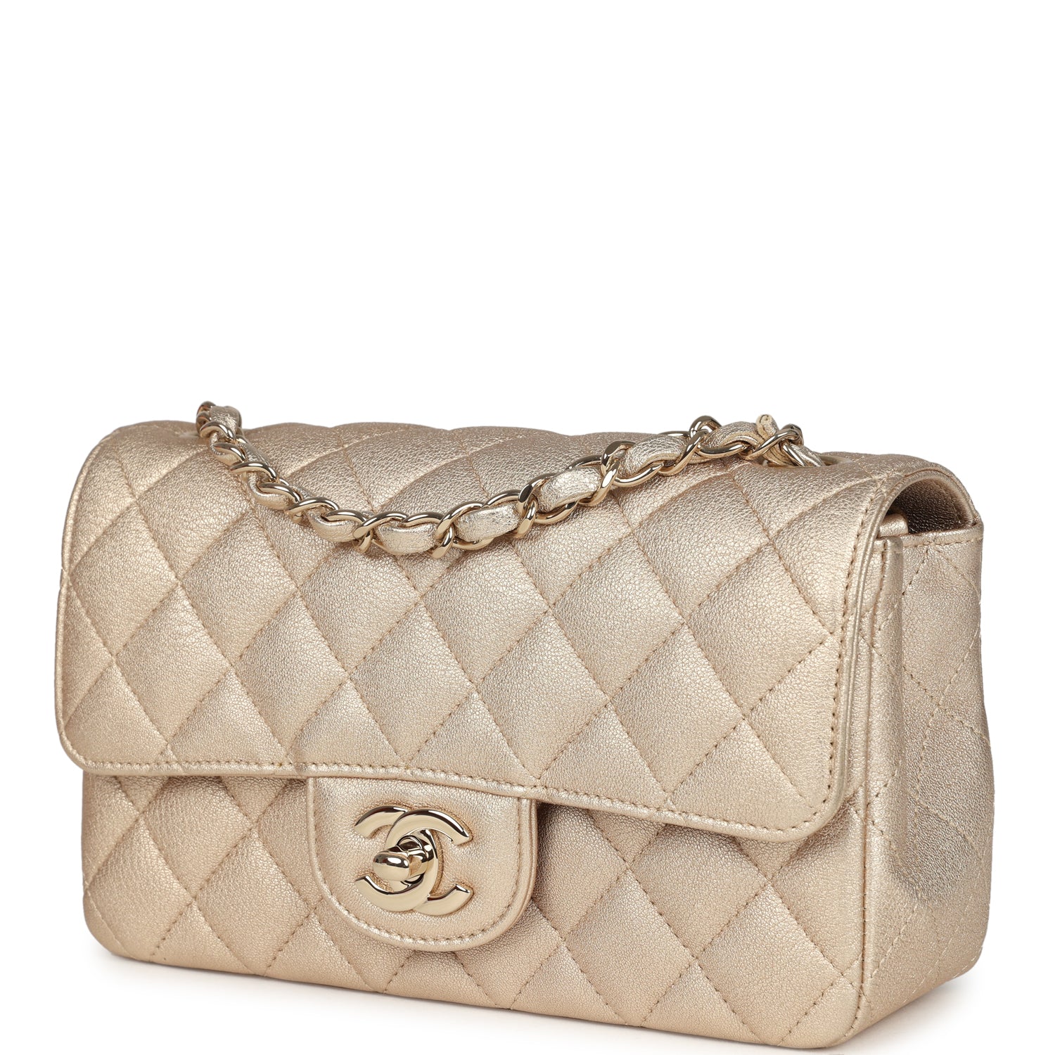 Chanel Mini Rectangular Flap Bag Metallic Gold Goatskin Light Gold Har